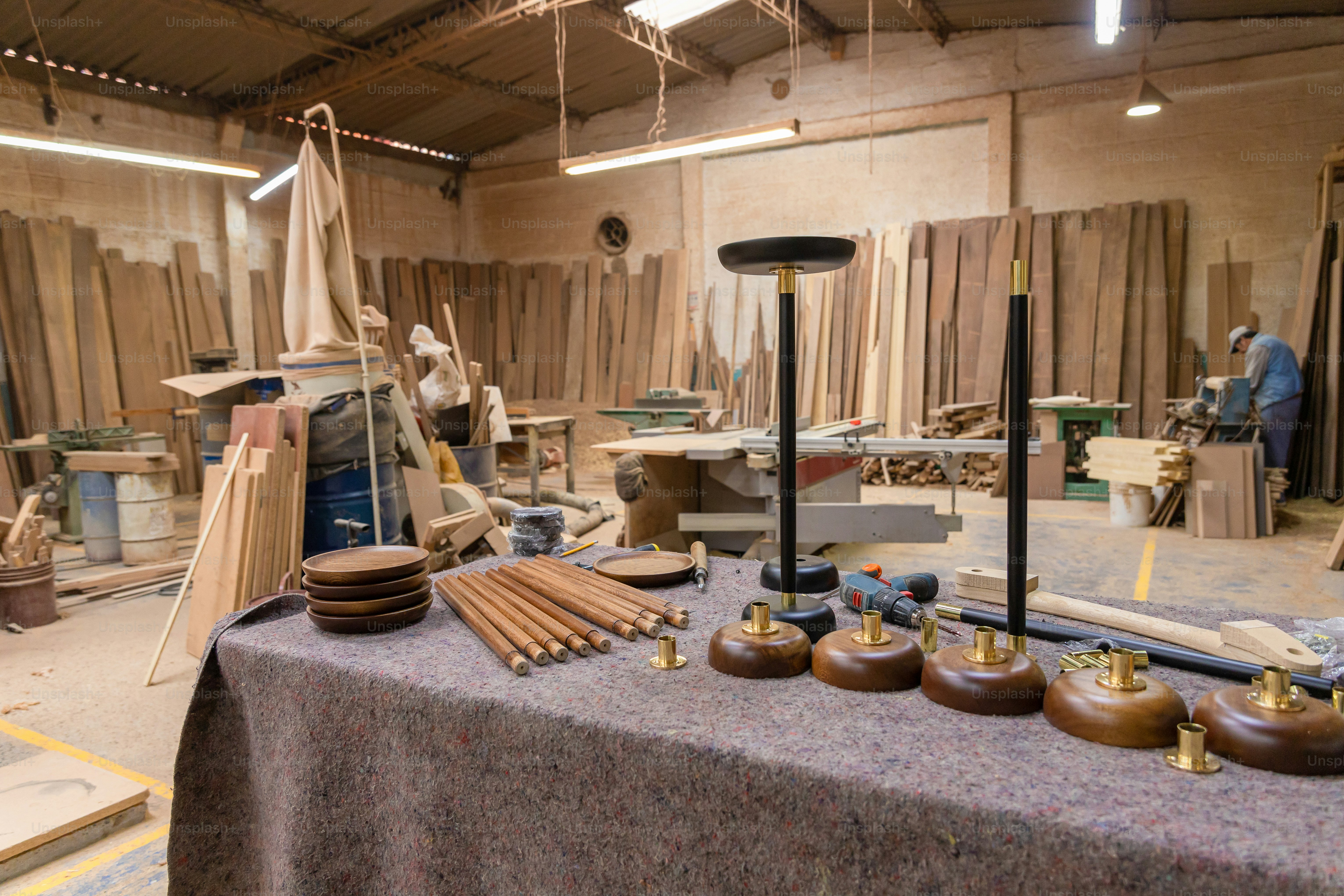 A woodworking shop displays crafted wooden pieces. photo – Luxury Image ...