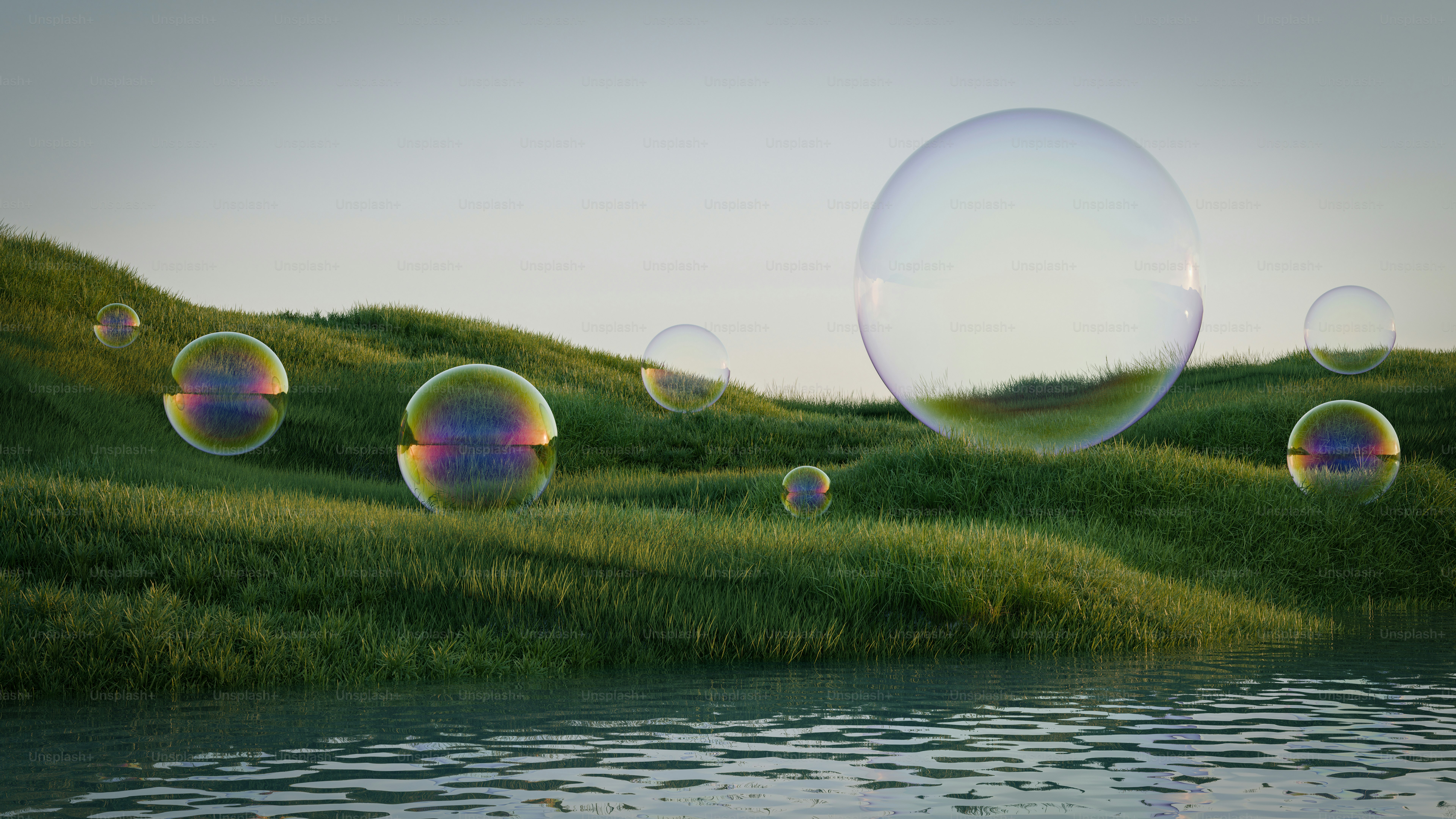Bubbles float above water, in a peaceful landscape. photo – 3d render ...