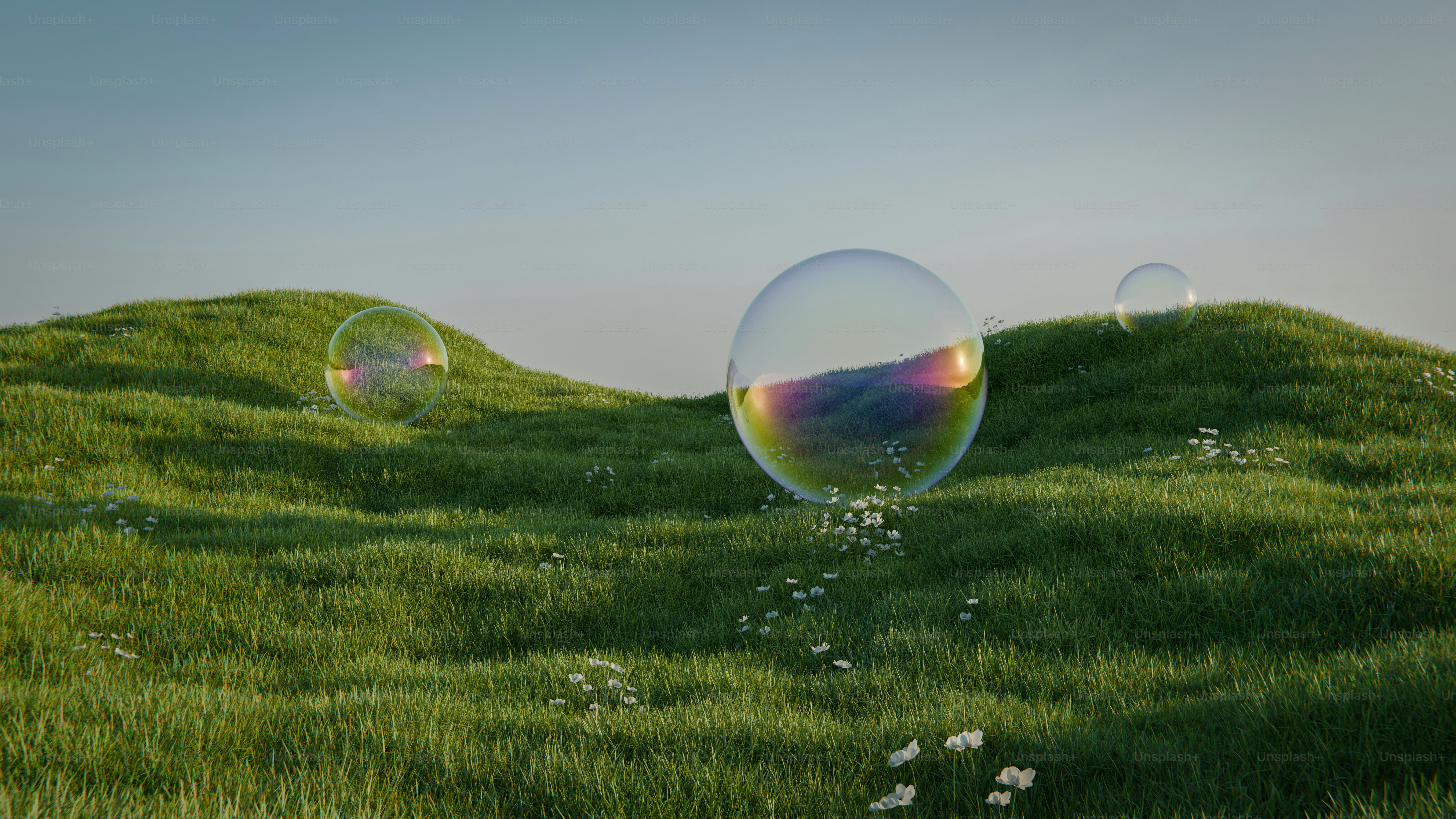Bubbles float across a grassy, rolling landscape. photo – 3d render ...