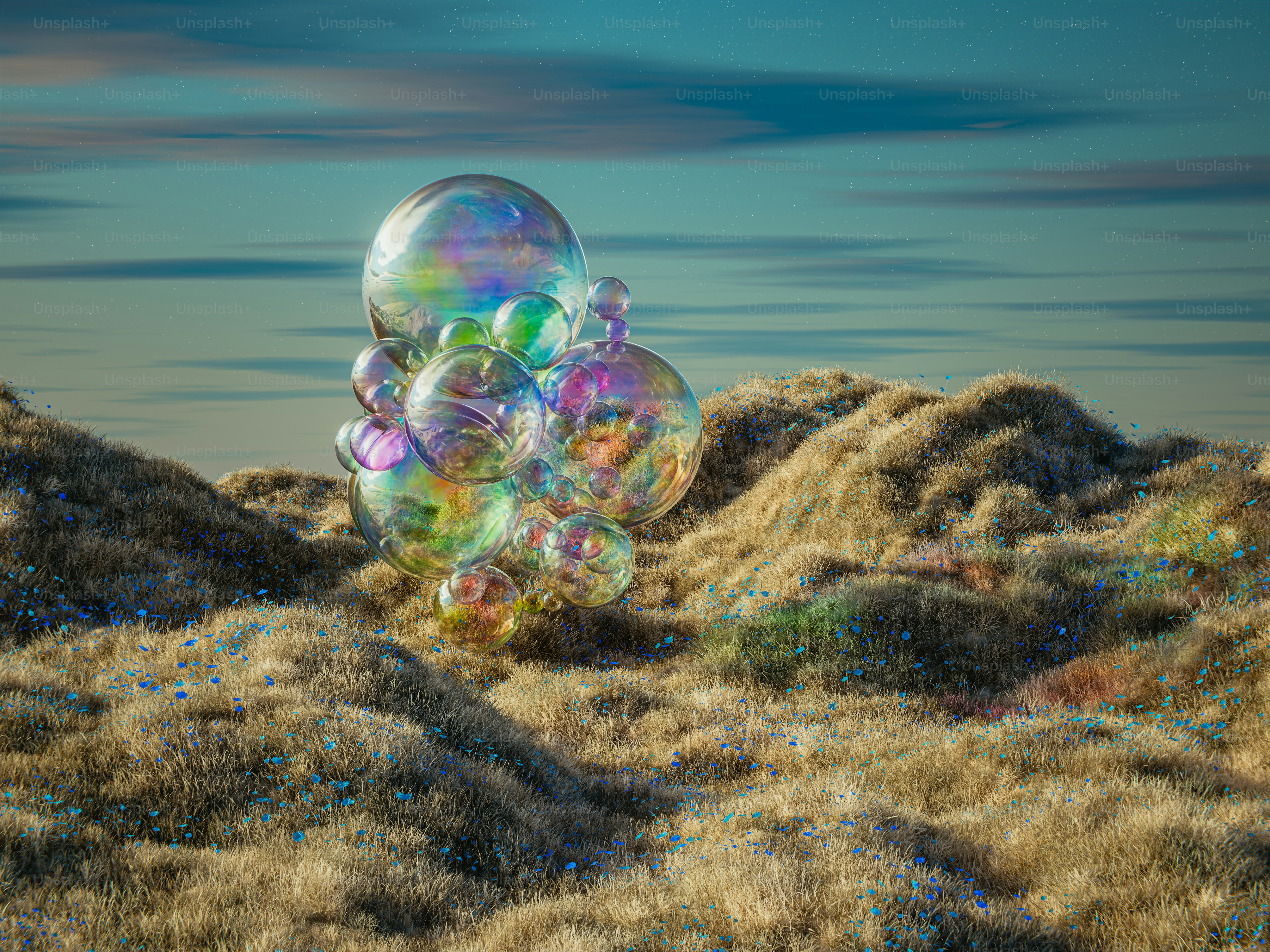 A cluster of soap bubbles sits on the hills. photo – 3d render Image on ...