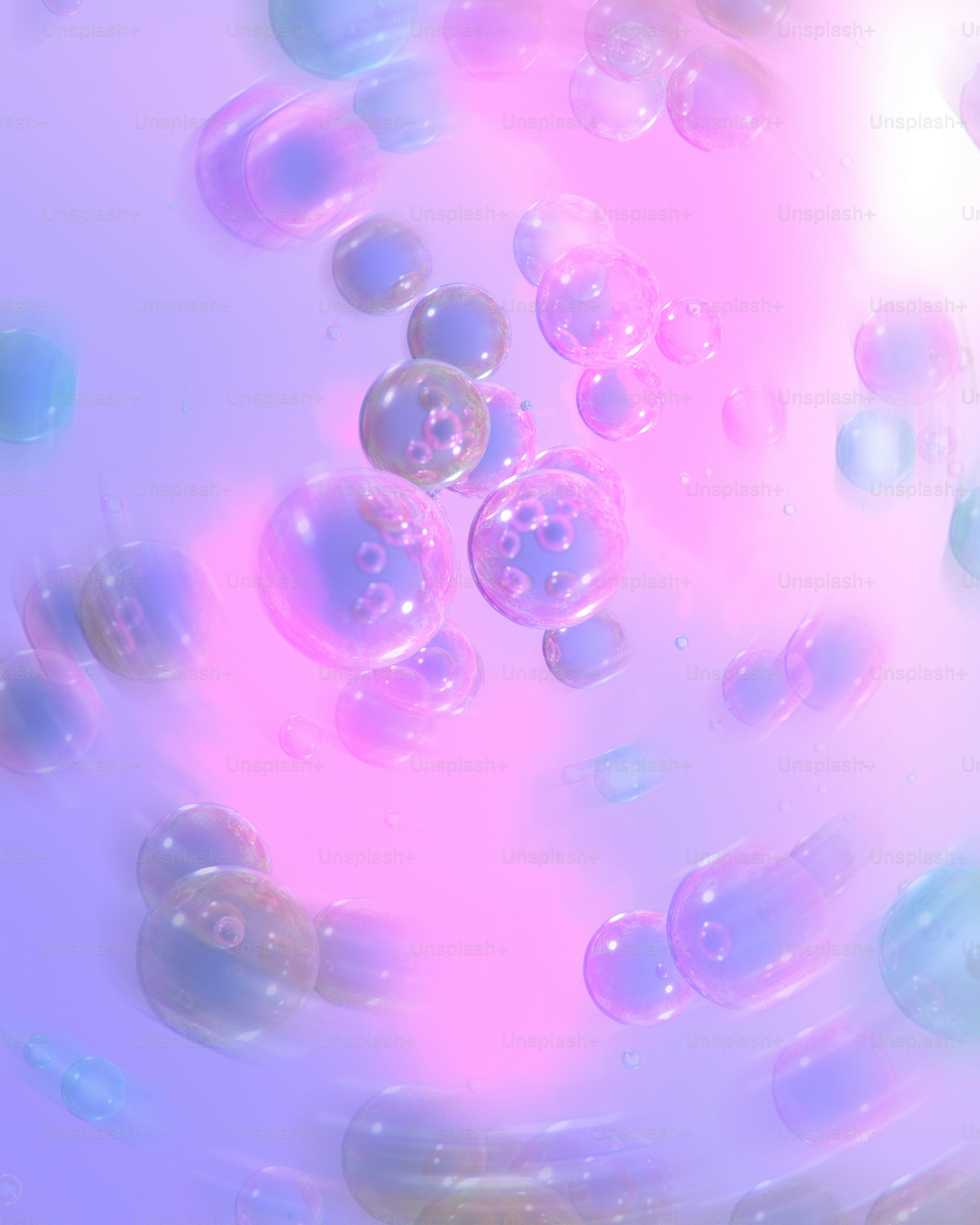 Bubbles float amid a pink and purple light. photo – 3d render Image on ...