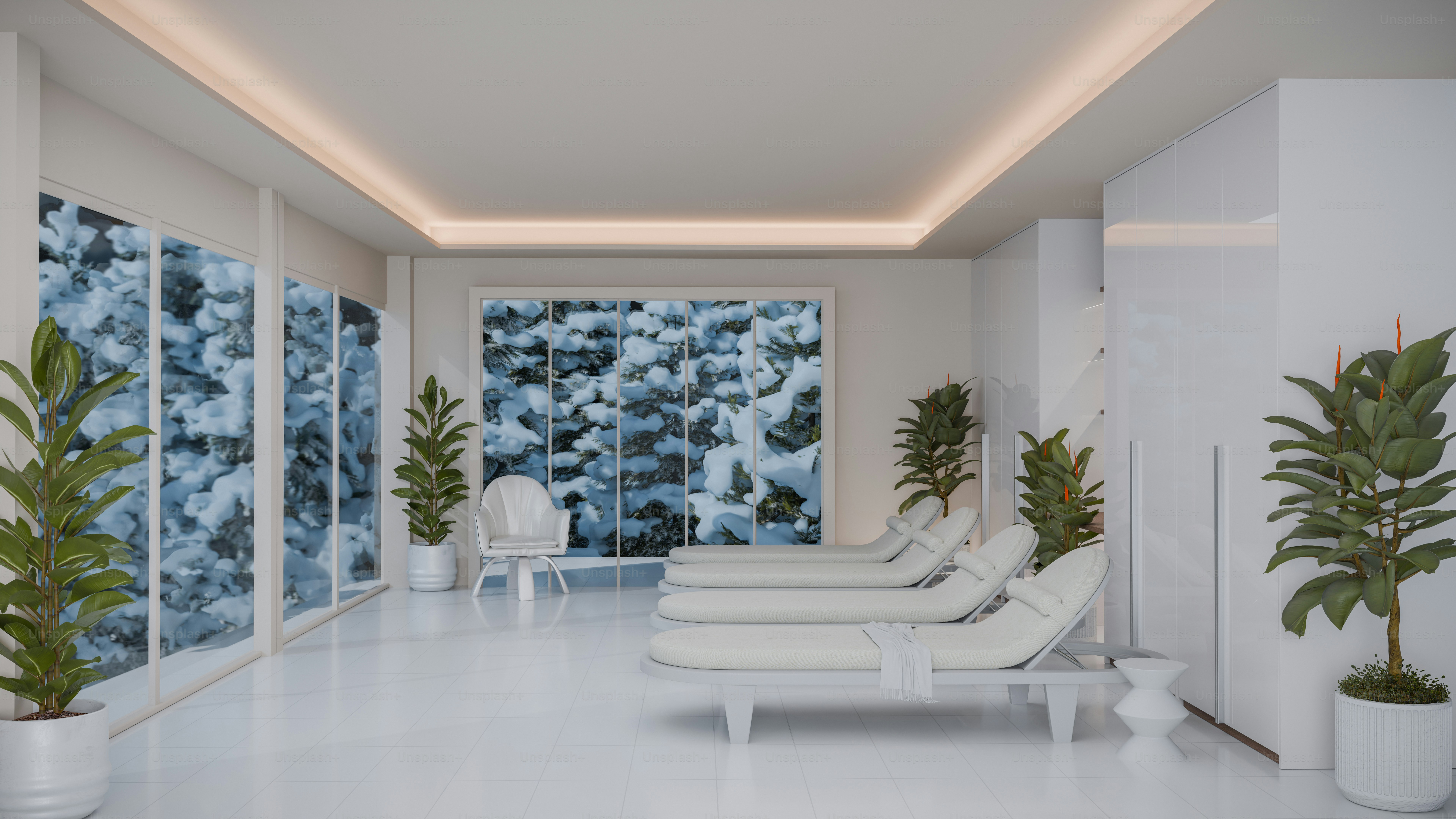A bright, minimalist spa with snowy mountain views. photo ...