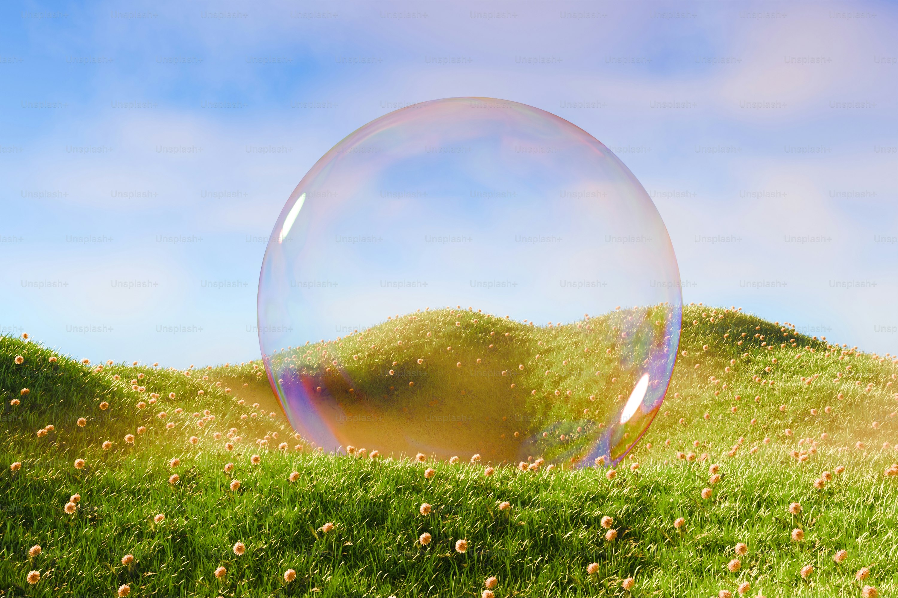 A giant bubble floats on a grassy hillside. photo – Grass Image on Unsplash
