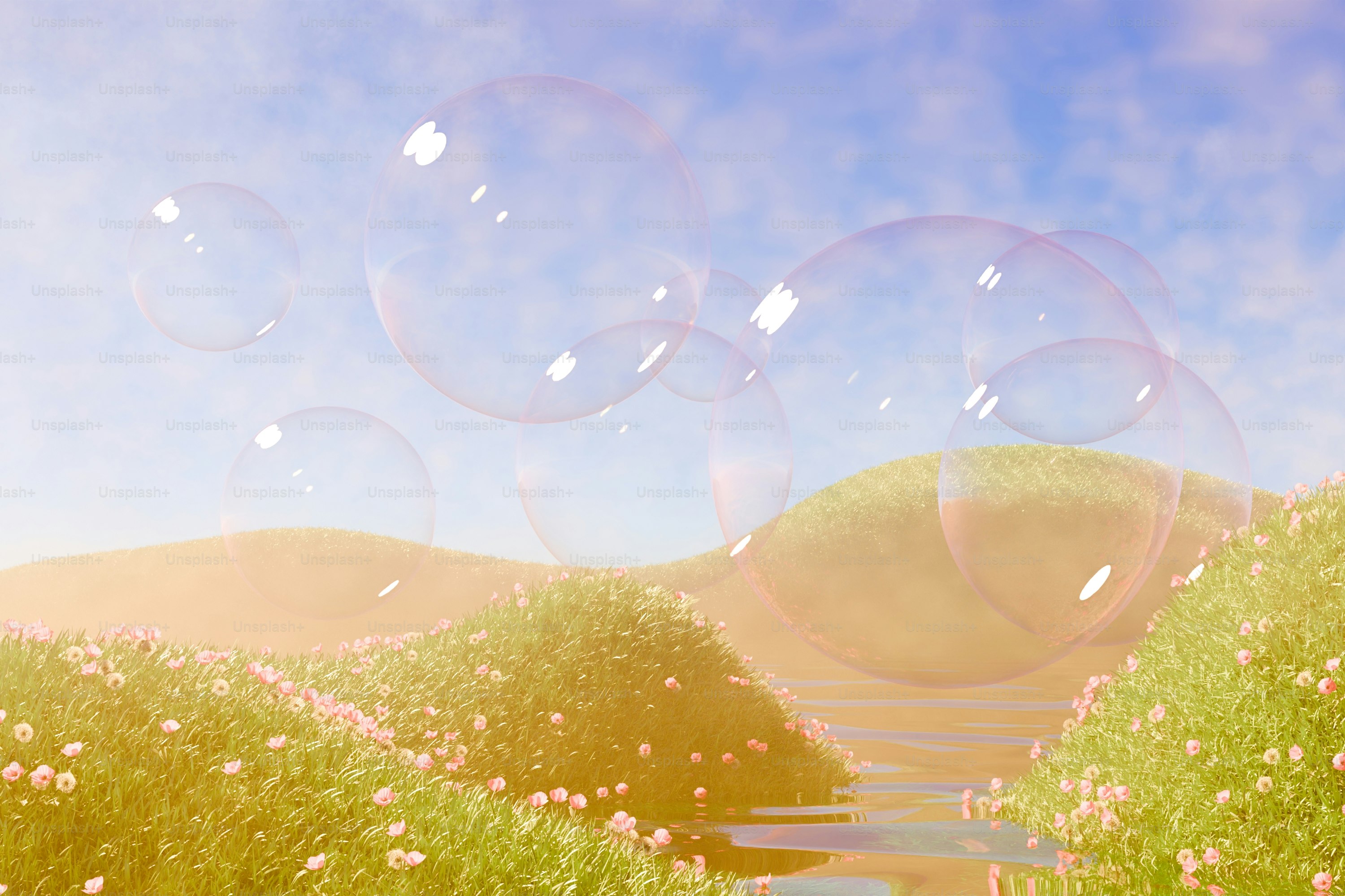 Bubbles float above a whimsical landscape. photo – 3d render Image on ...