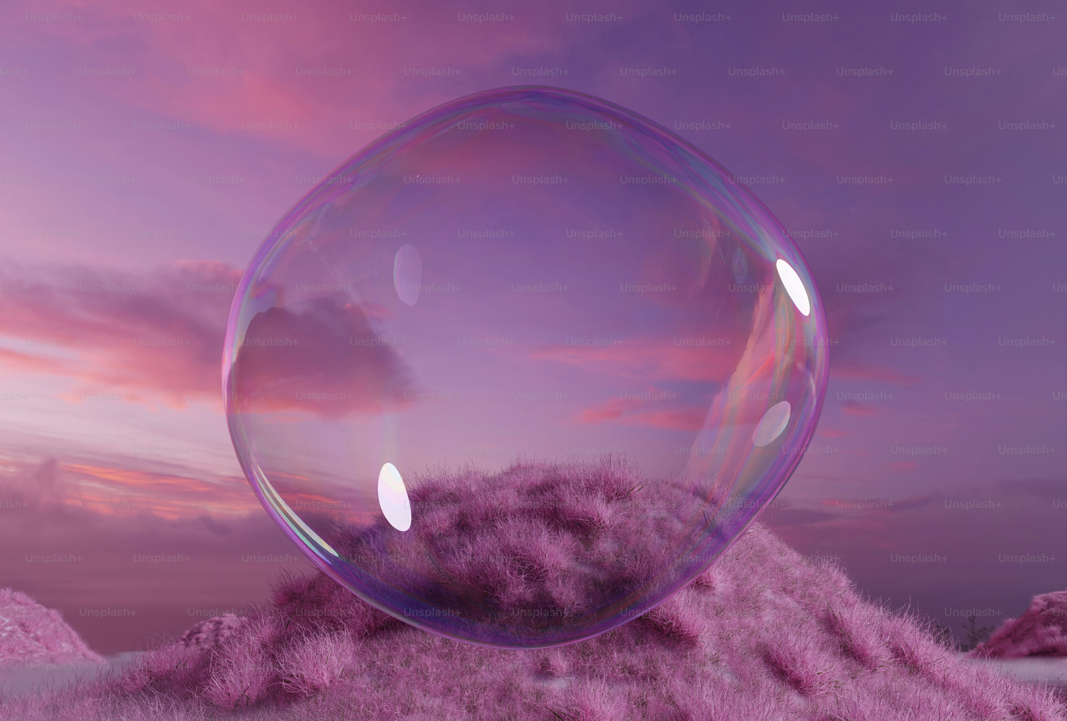 A large soap bubble floats above pink clouds. photo – Gradient Image on ...
