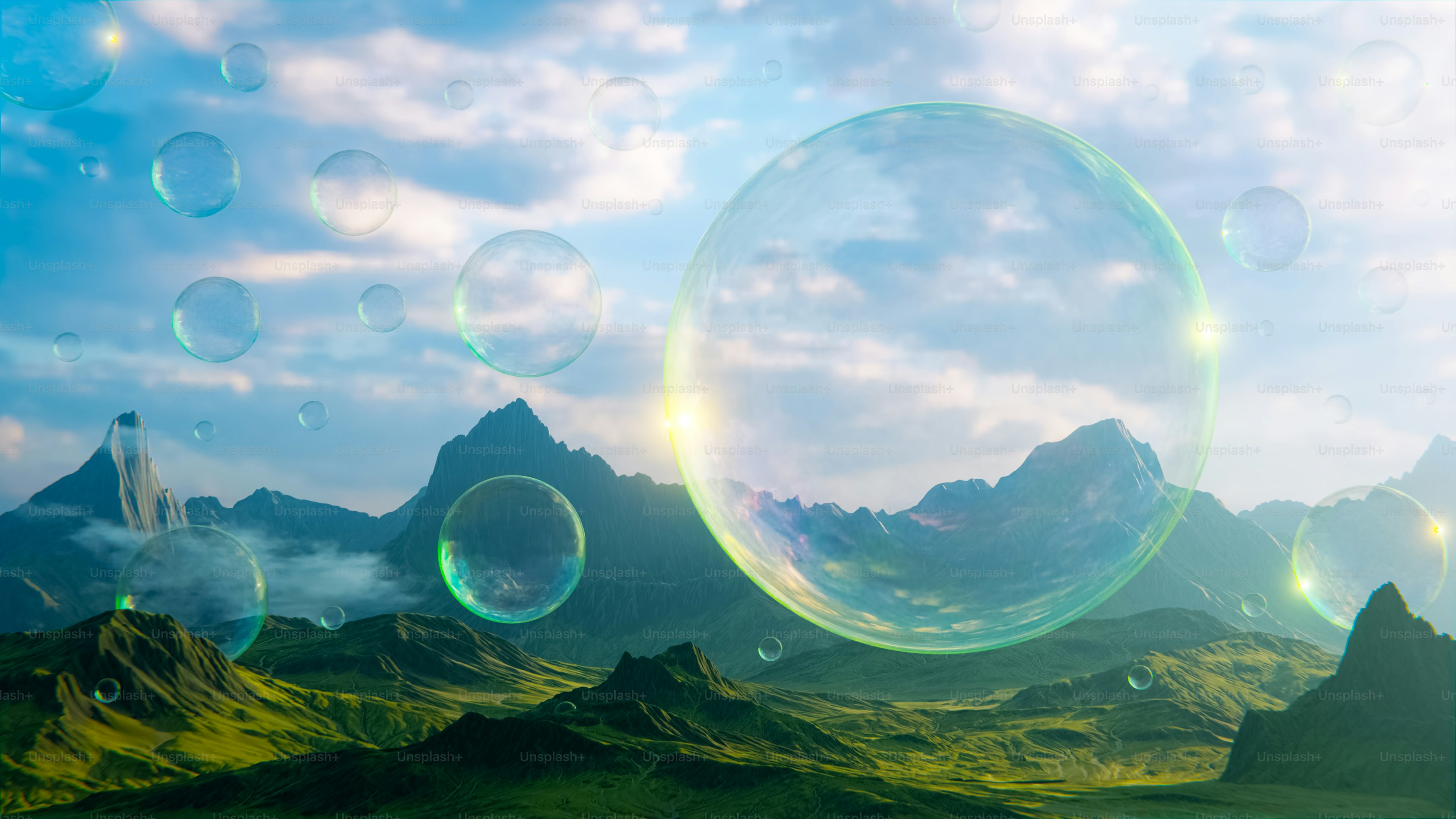 Bubbles float above mountains and a vibrant landscape. photo – 3d ...