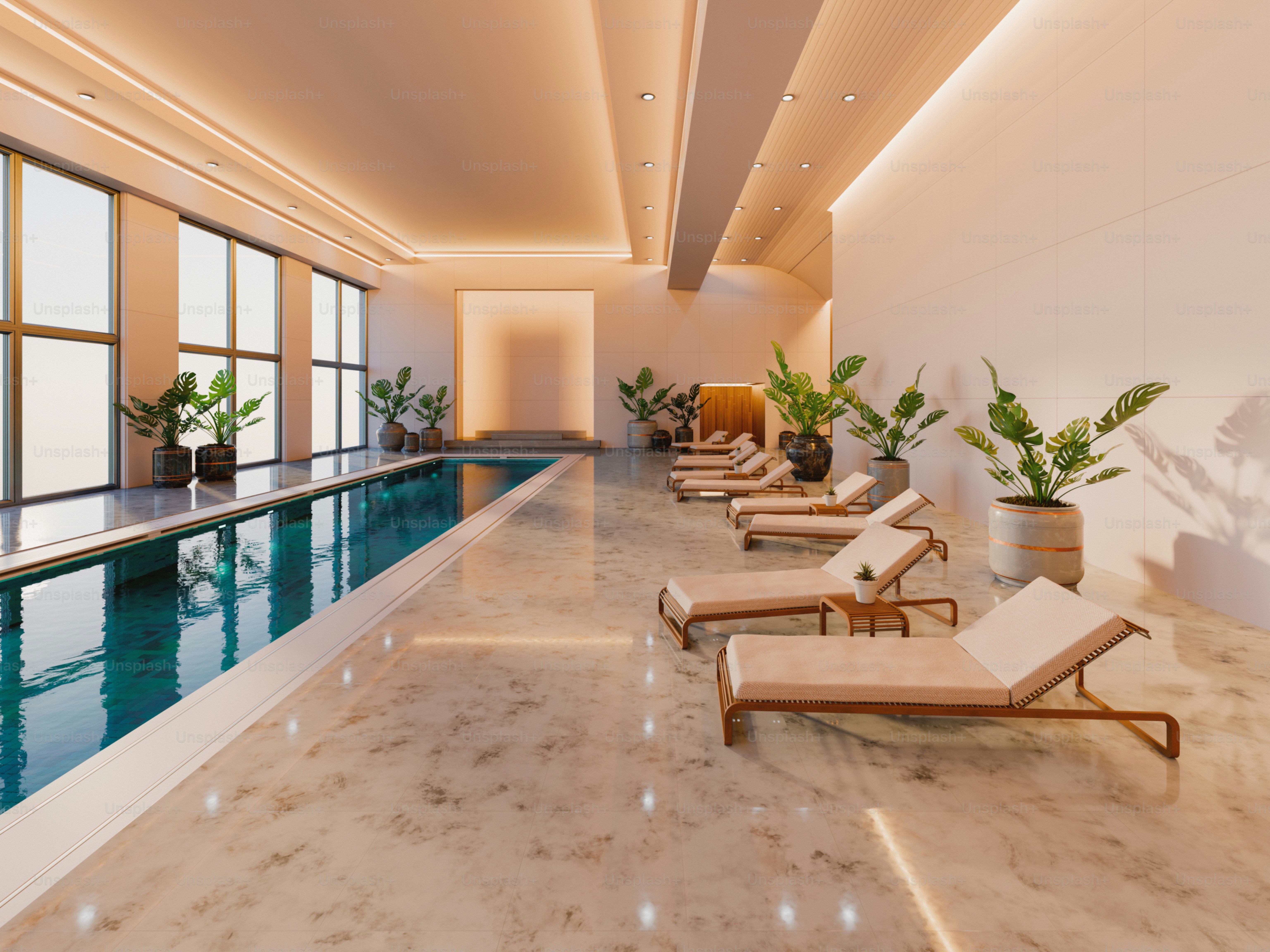 Indoor pool area with lounge chairs and plants. photo – Architecture ...