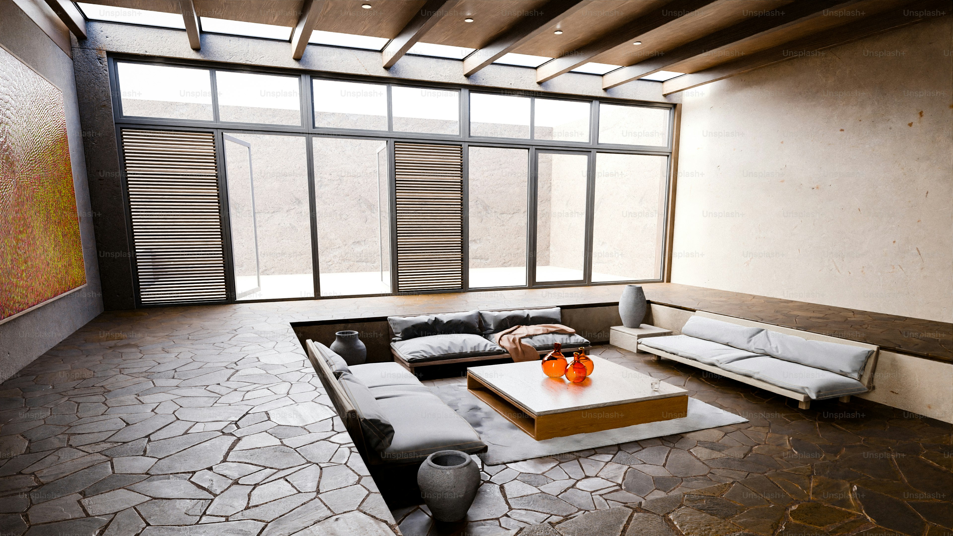 A modern living room with a recessed seating area. photo – Architecture ...