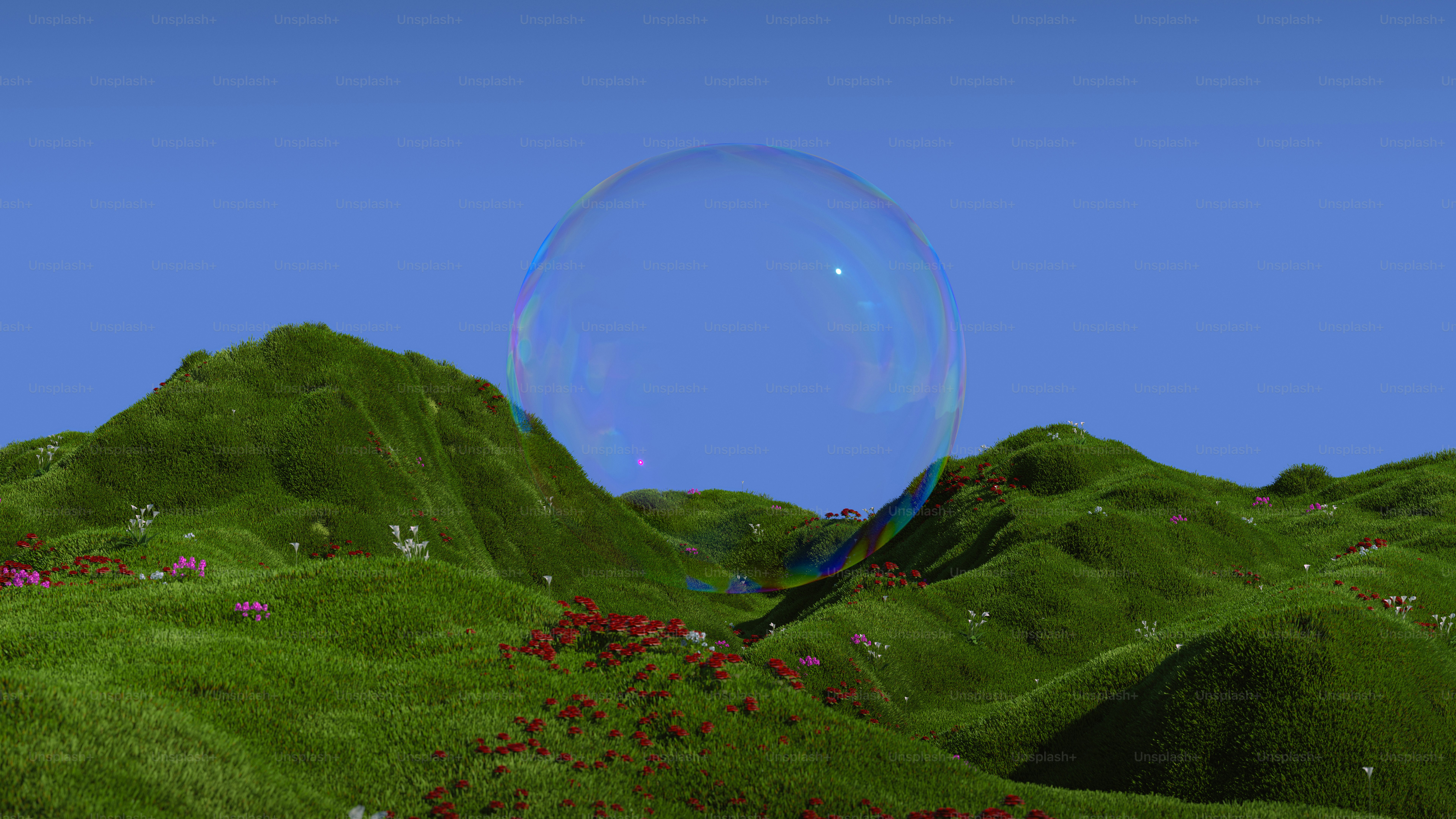 A giant bubble floats over rolling green hills. photo – 3d render Image ...