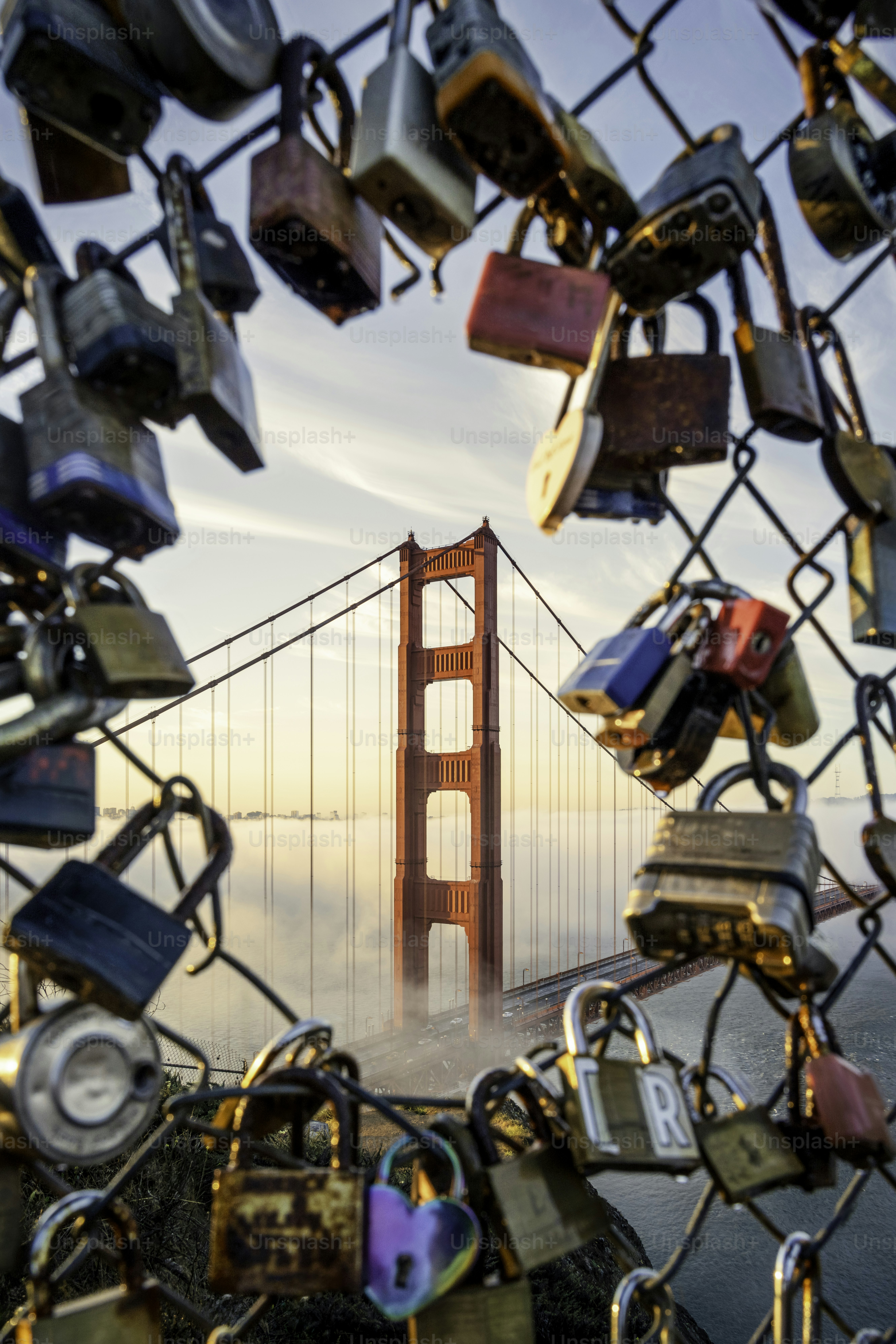 Locks on fence frame the golden gate bridge. photo – Golden gate bridge ...