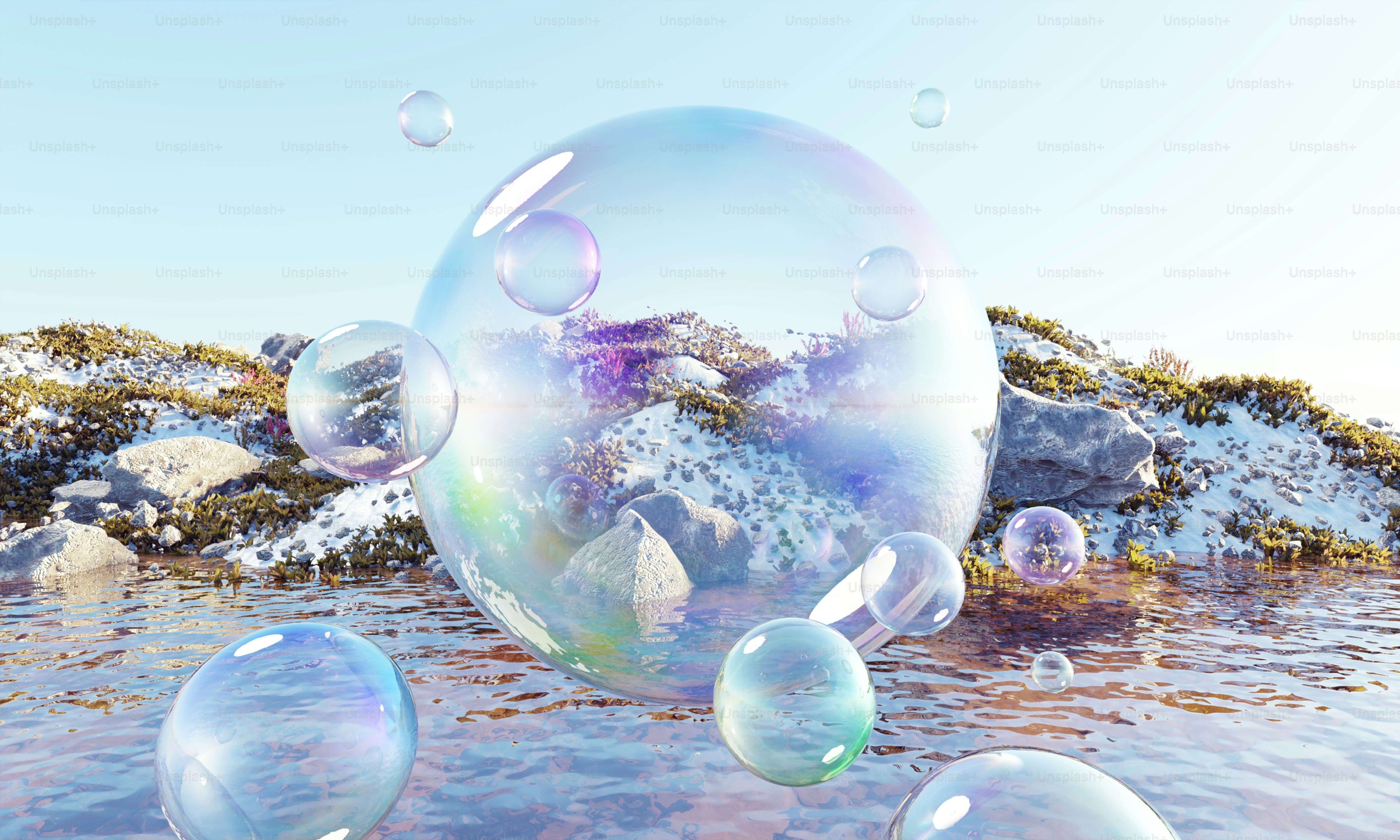Giant bubbles reflect a scenic landscape. photo – 3d render Image on ...