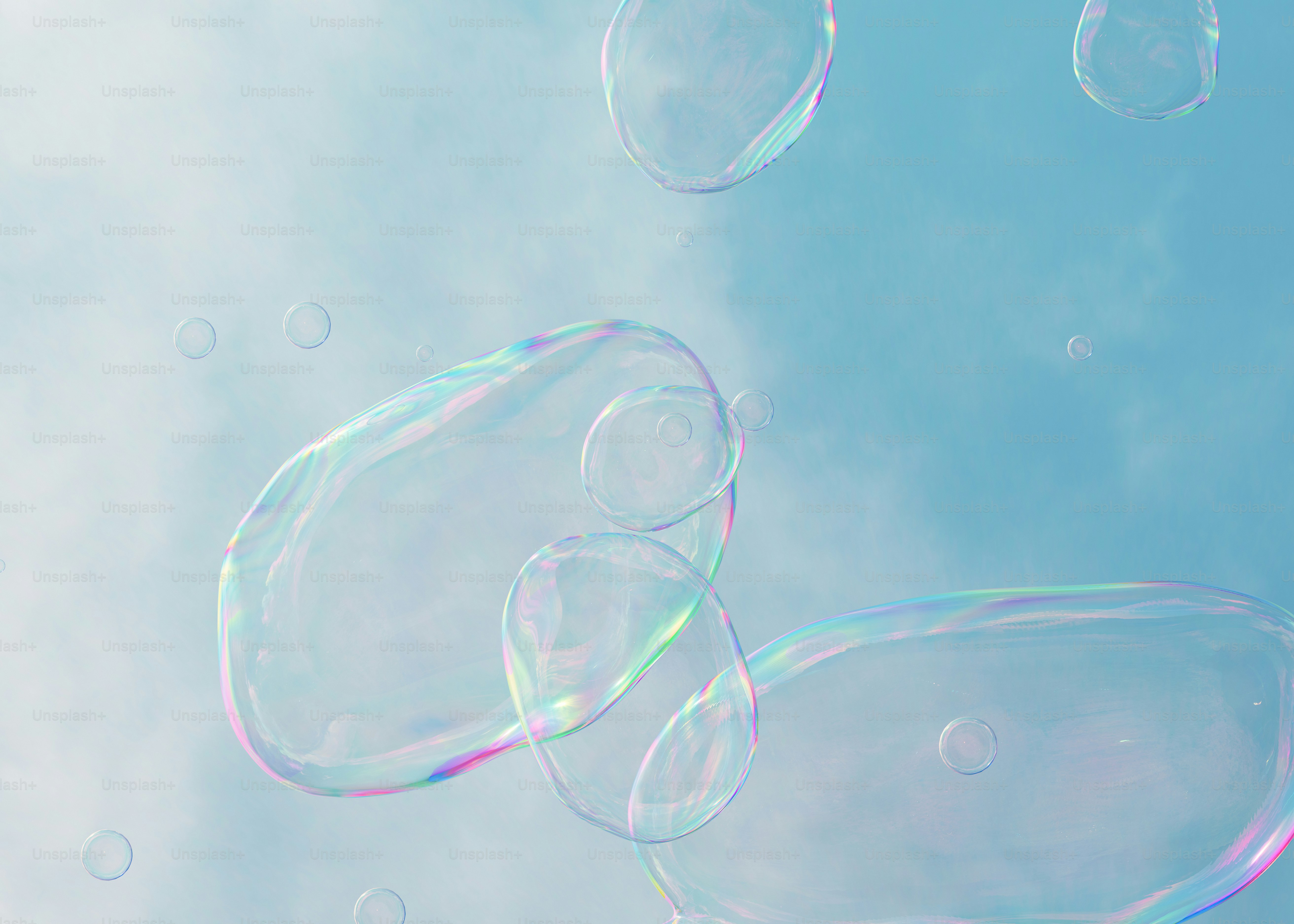 Bubbles float gently against a blue sky. photo – 3d render Image on ...