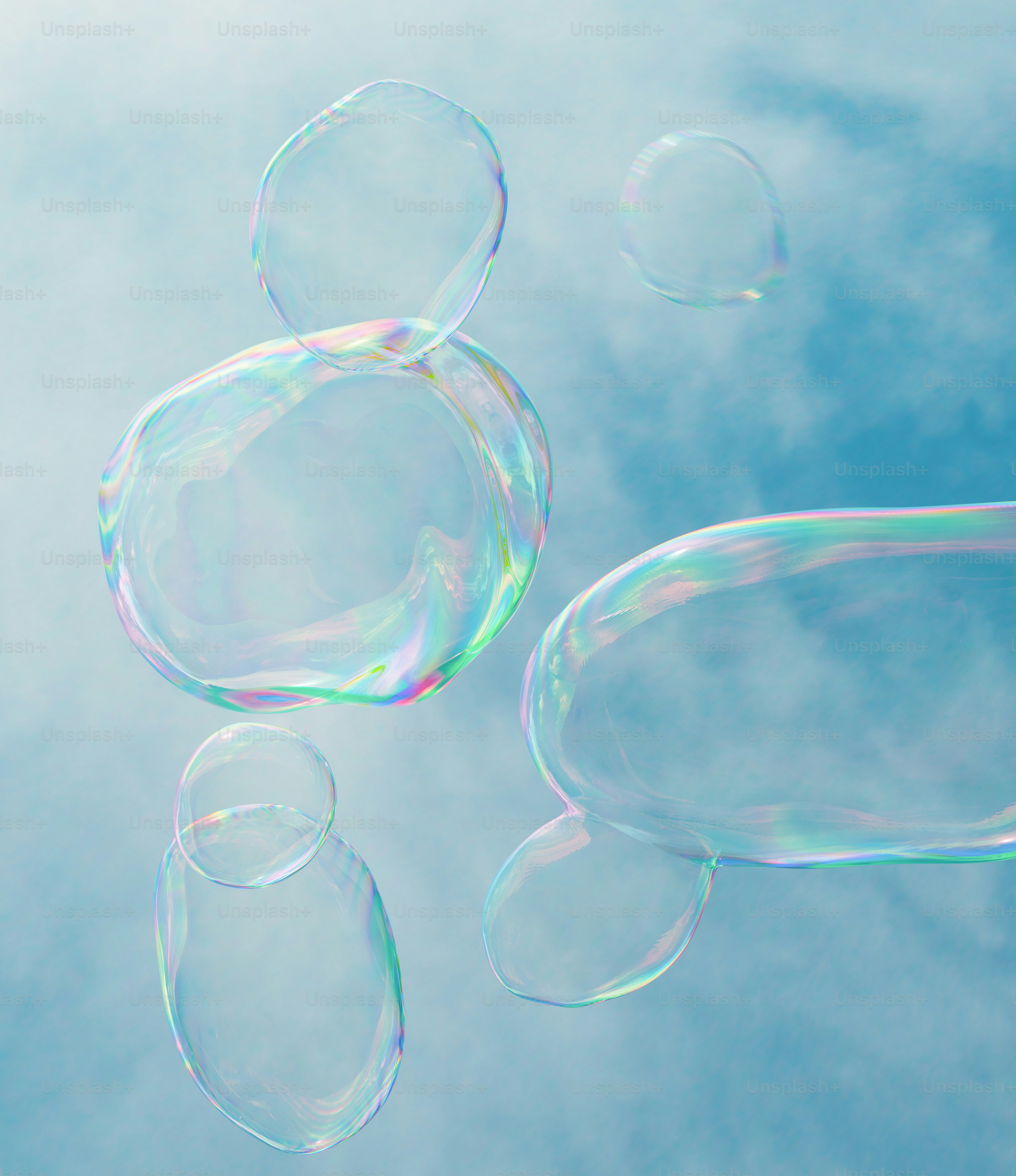 Bubbles float gently against a blue sky. photo – 3d render Image on ...