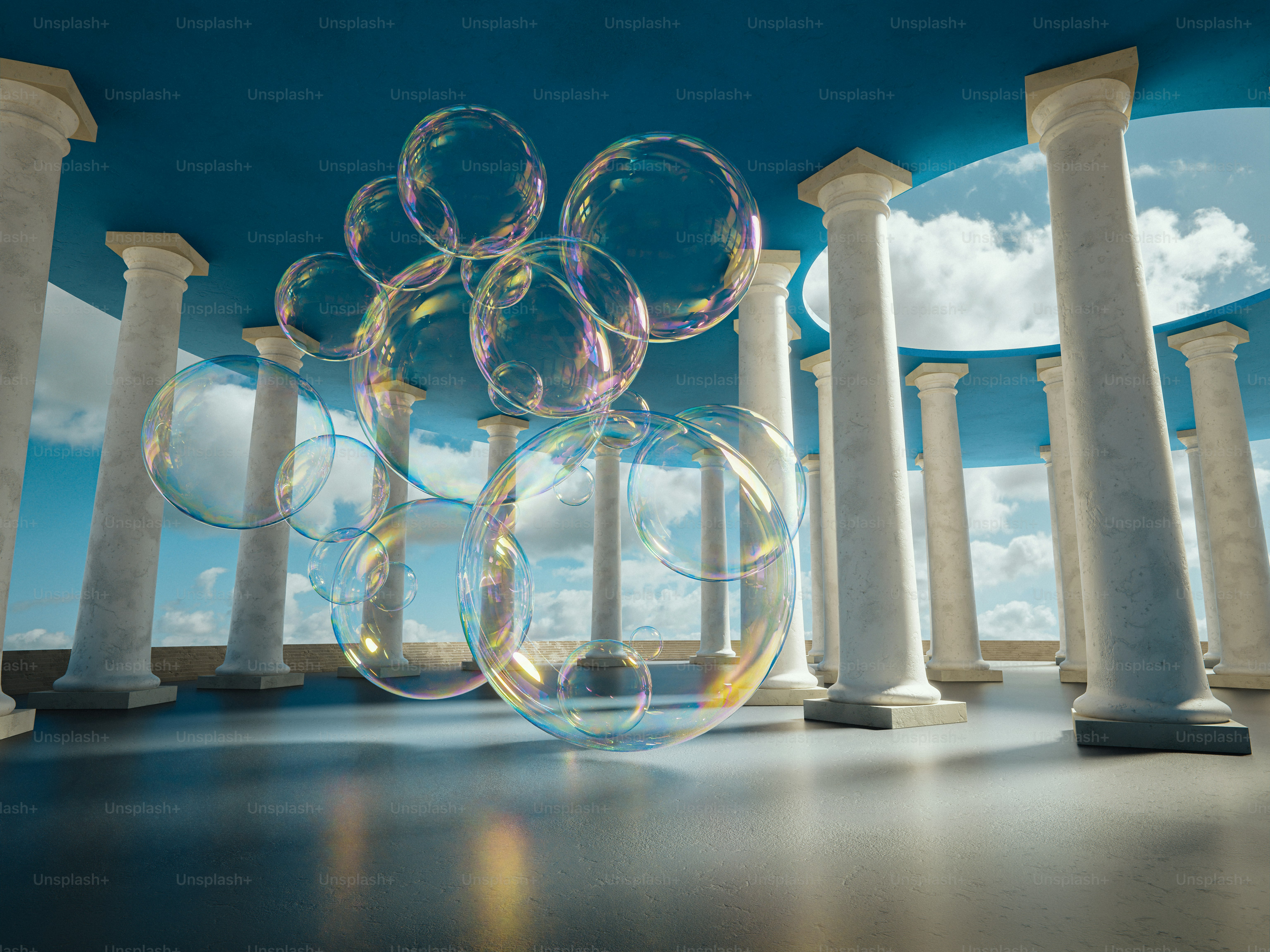 Bubbles float among classical columns and sky. photo – 3d render Image ...