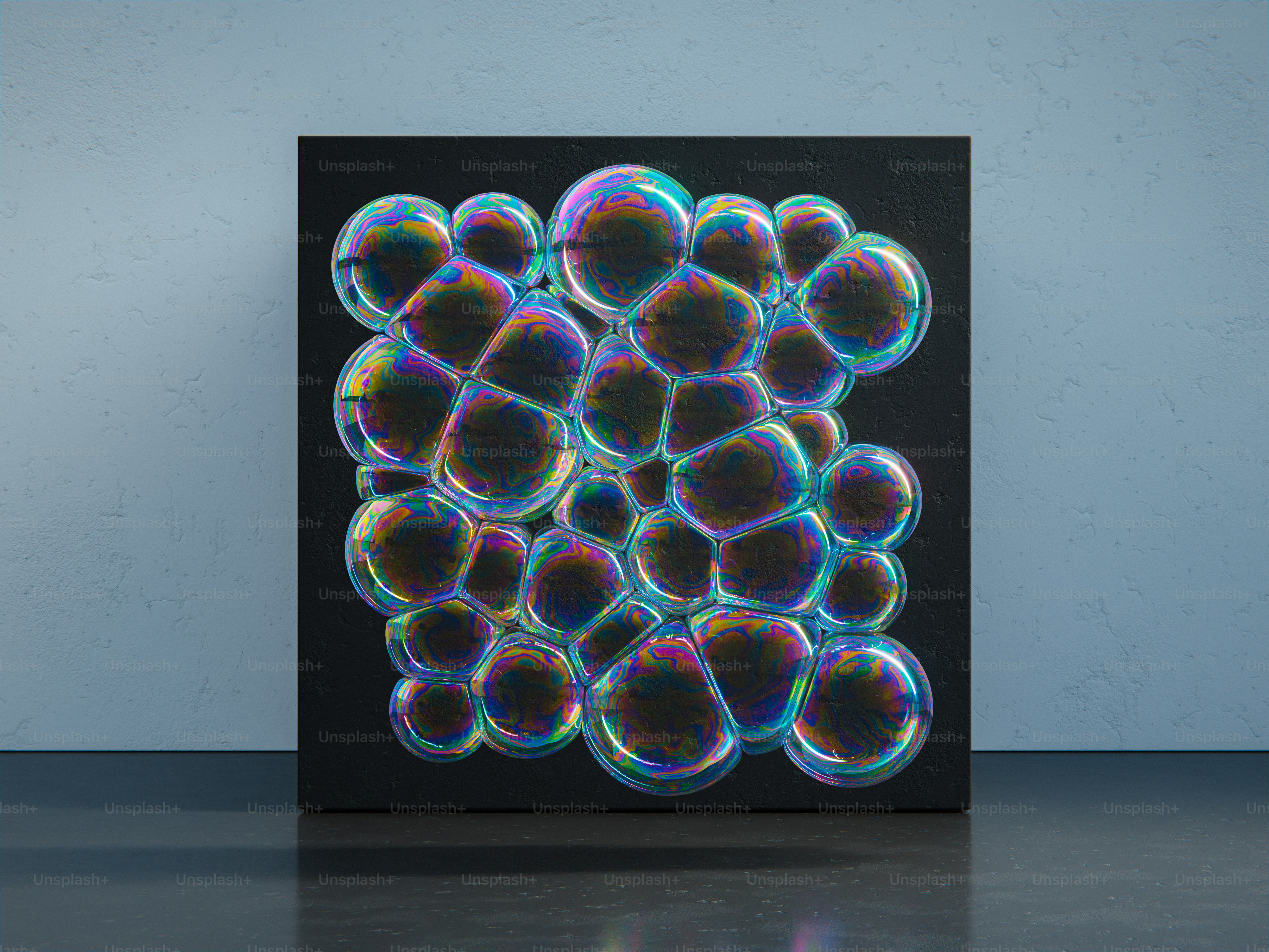 Bubbles on black canvas appear to reflect light. photo – 3d render ...