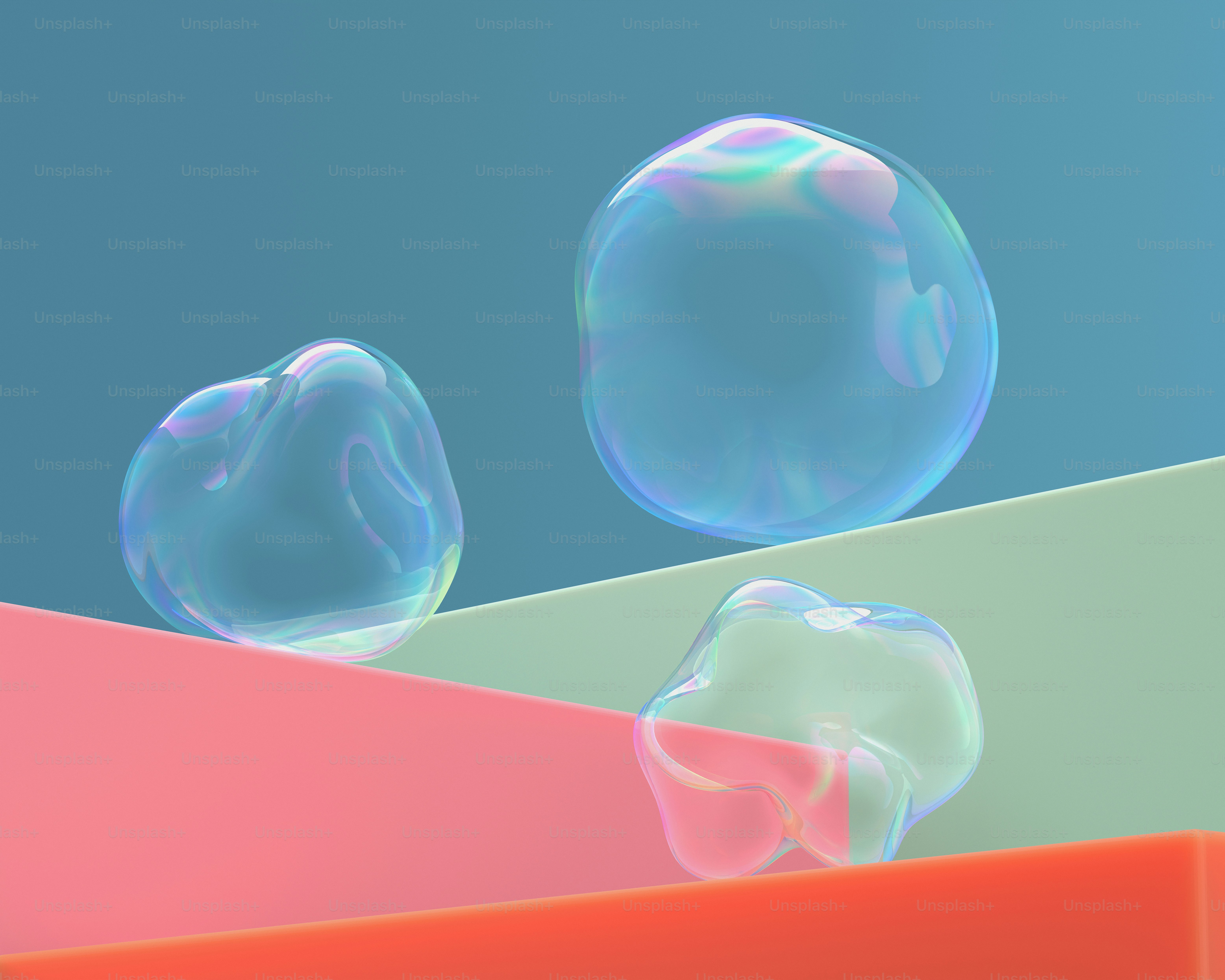 Three bubbles rest on colorful geometric planes. photo – 3d render ...