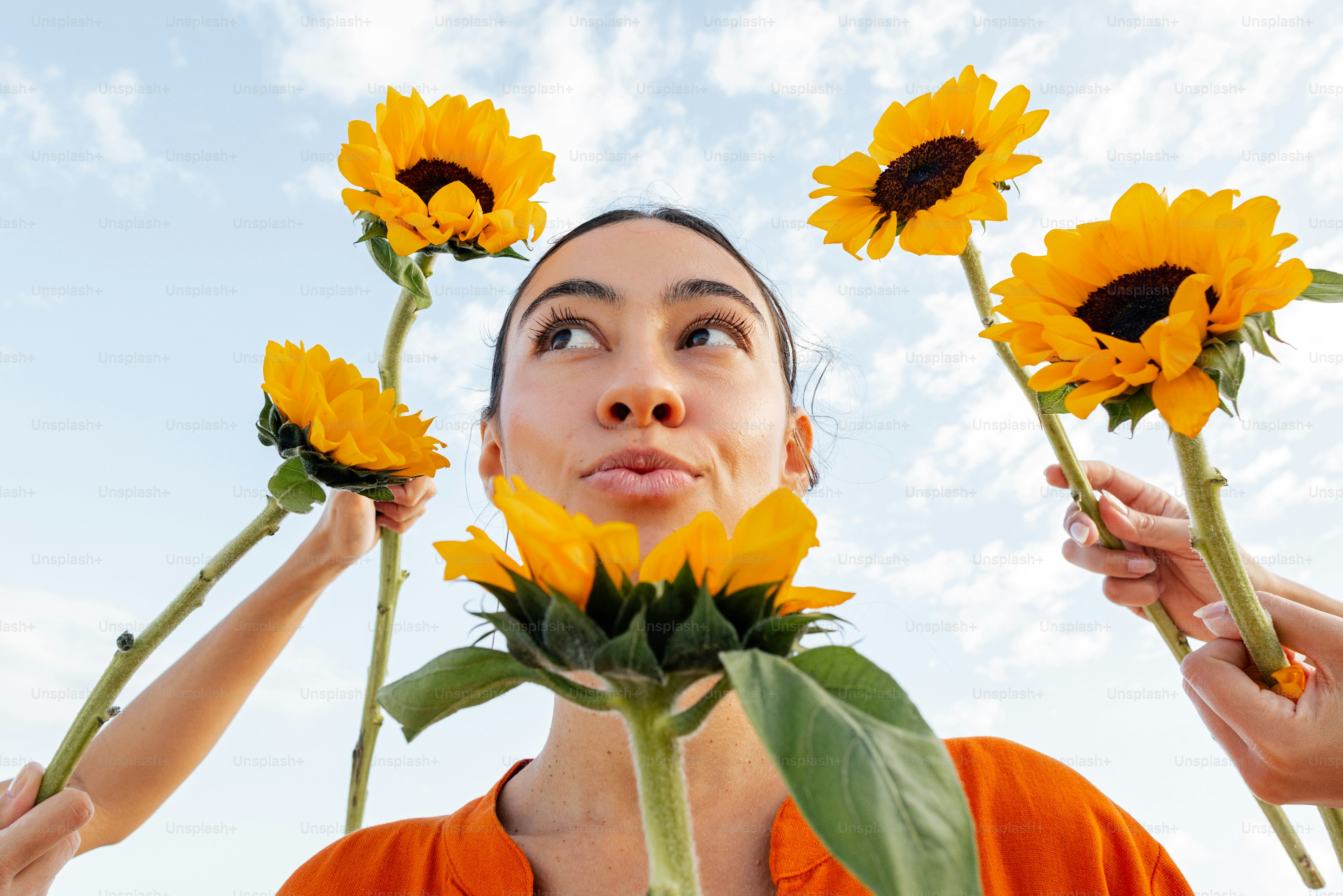Woman is surrounded by sunflowers and hands. photo – Perspective Image on Unsplash