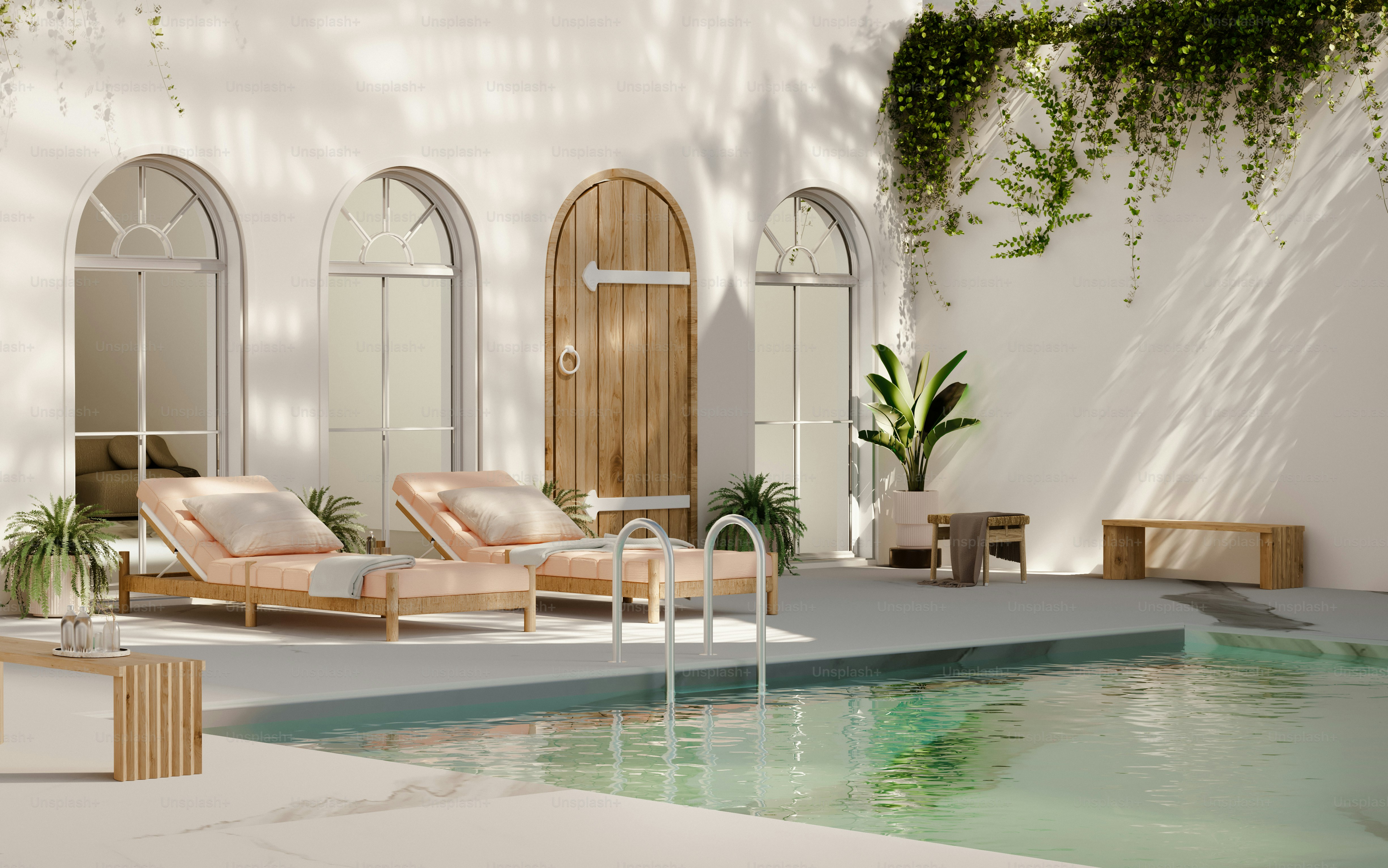 Relaxing poolside scene with natural light and plants. photo – Real ...