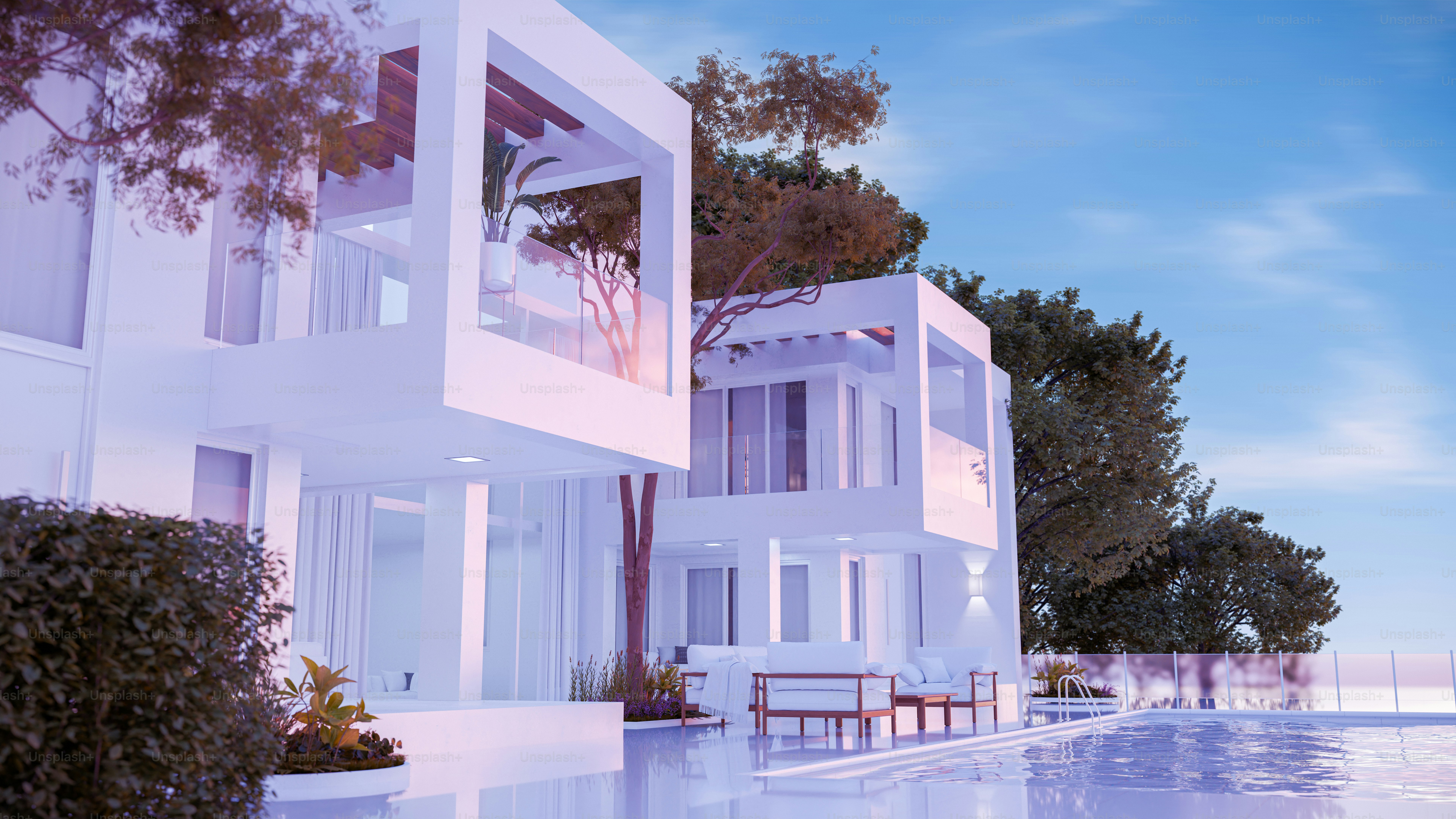 Modern, white mansion stands amidst lush greenery. photo – Architecture ...