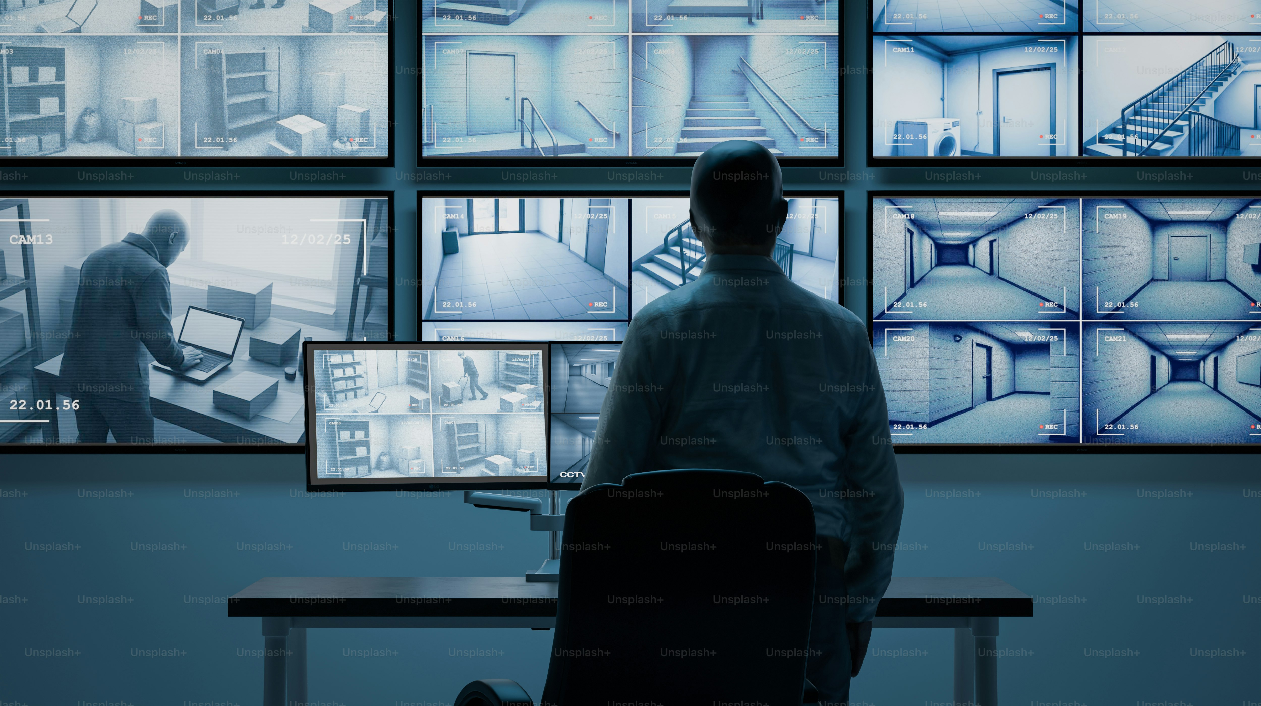 A person monitors security cameras in a control room. photo – Security ...