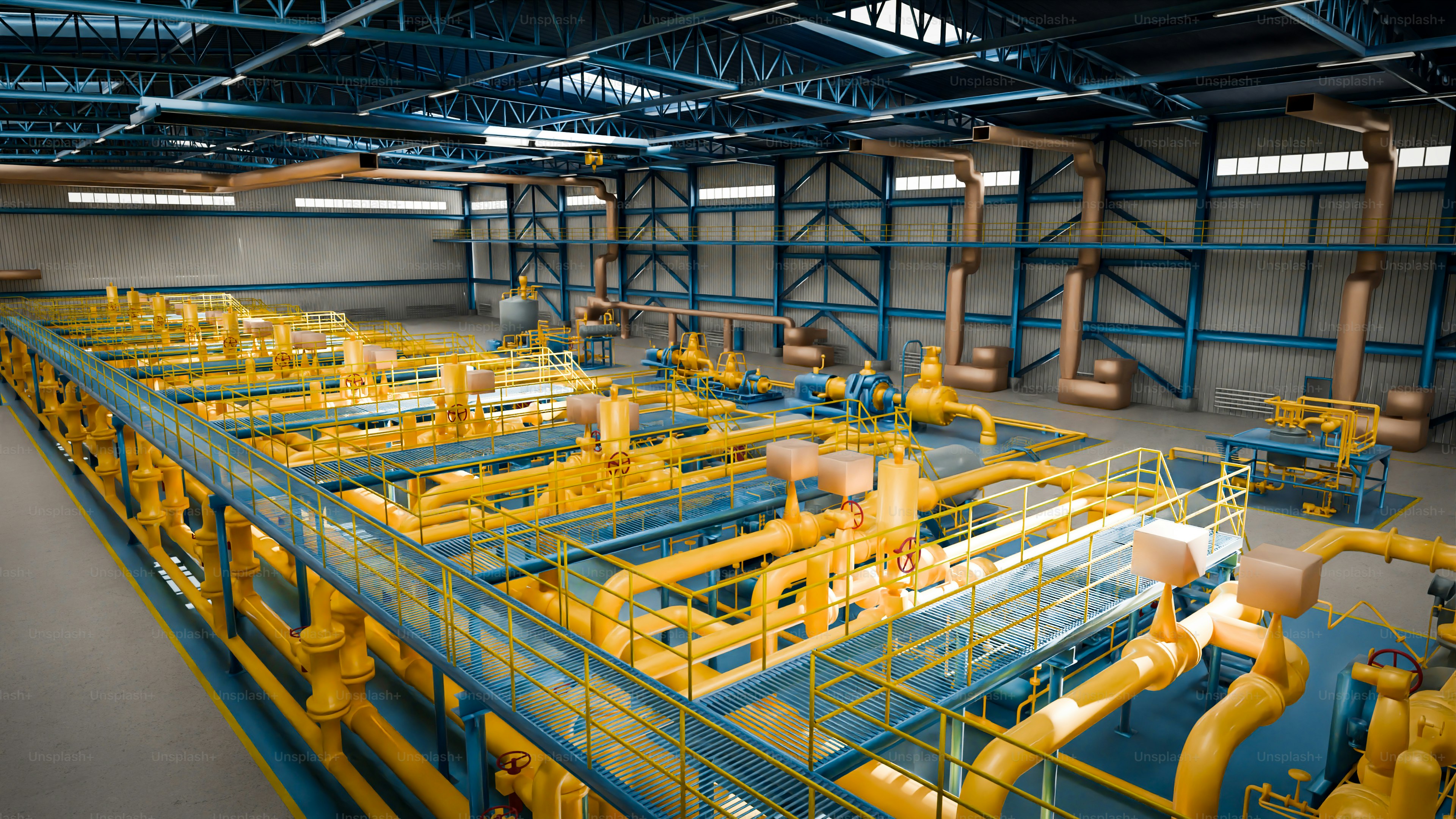 L’intérieur de l’installation industrielle contient des tuyaux et des ...