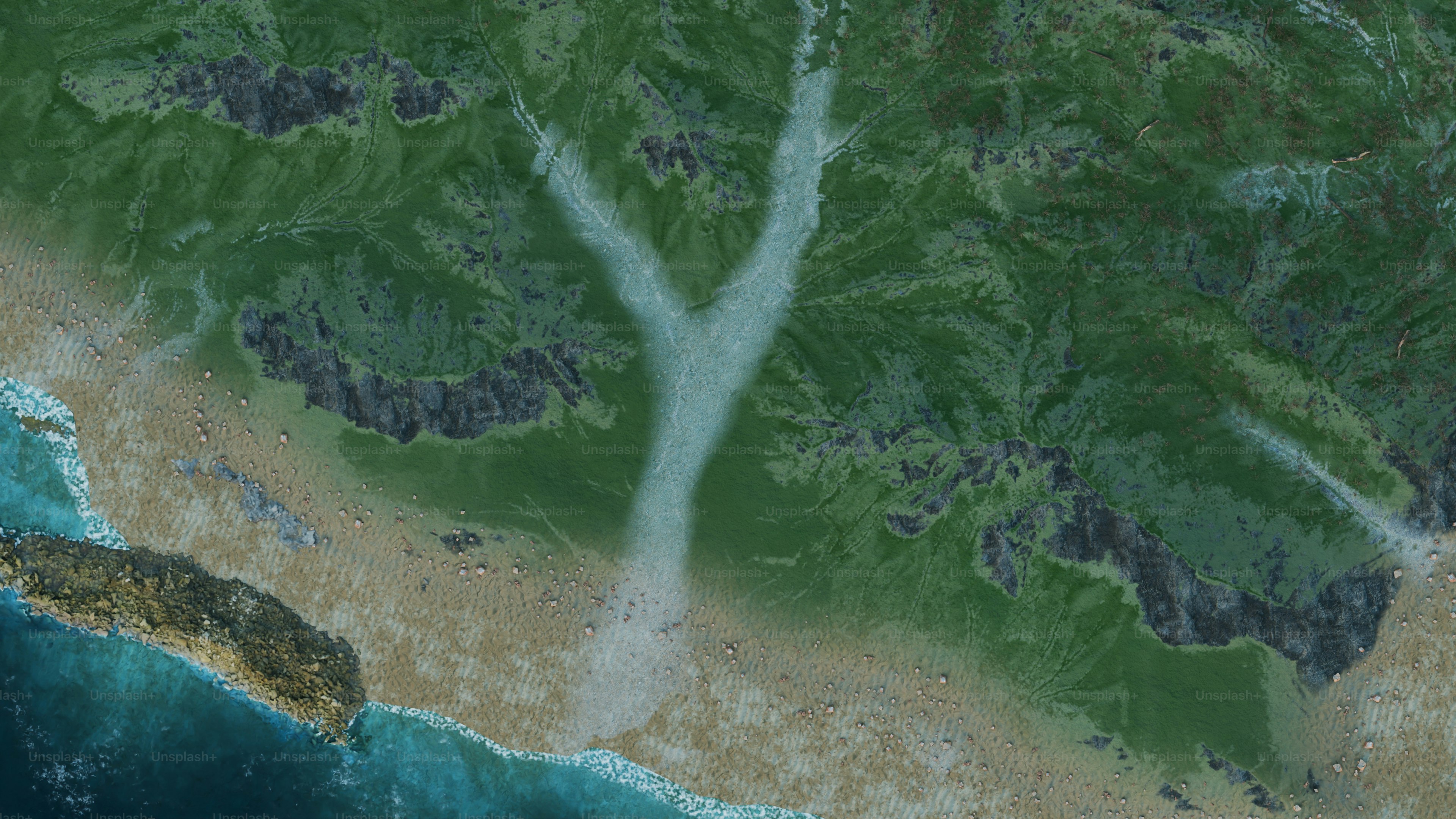 An aerial view shows the letter "m" in nature. photo – 3d render Image ...