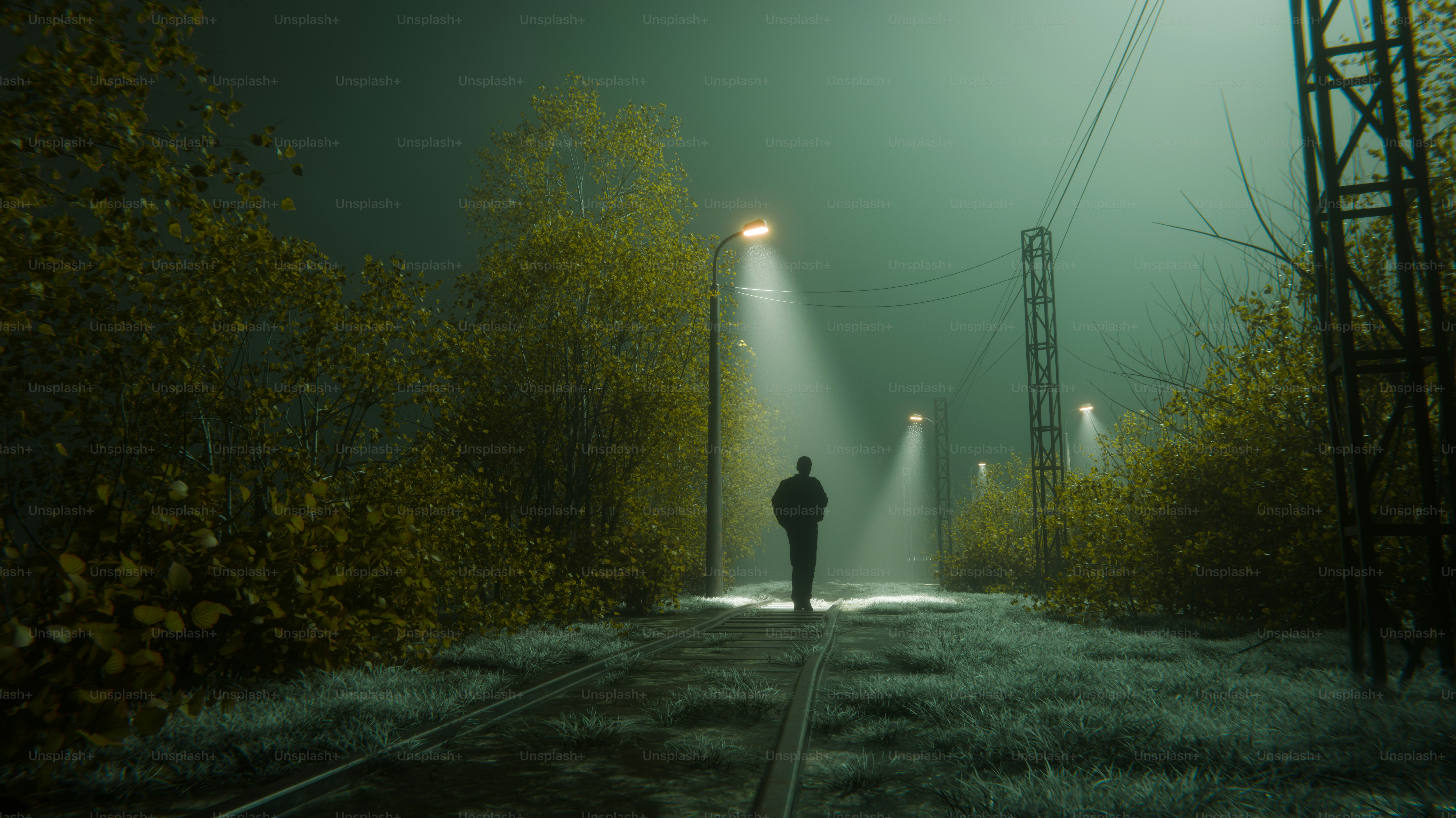 A figure walks down a foggy, lit path. photo – Night Image on Unsplash