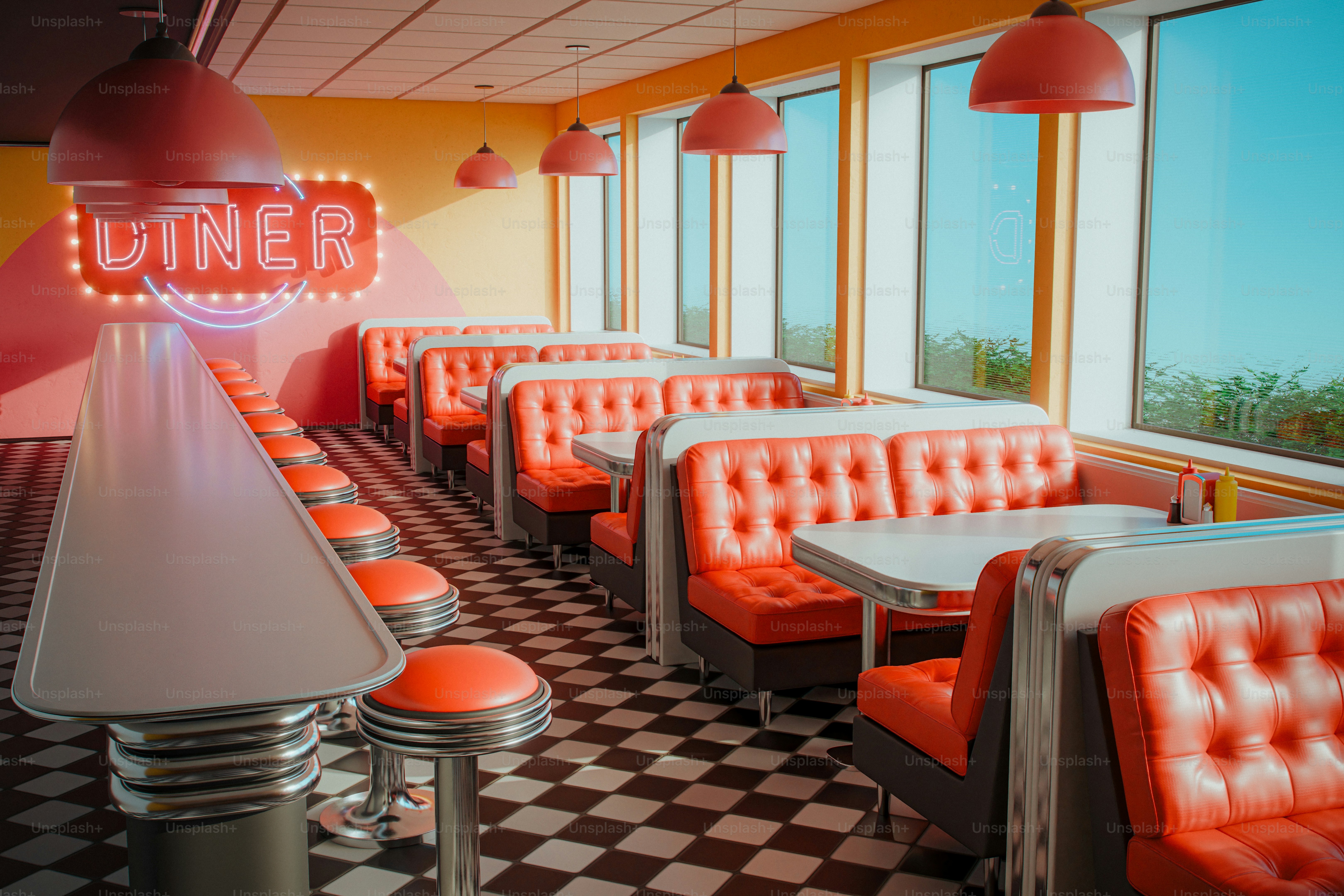 Retro diner booths with a scenic mountain view. photo – Wallpaper Image ...