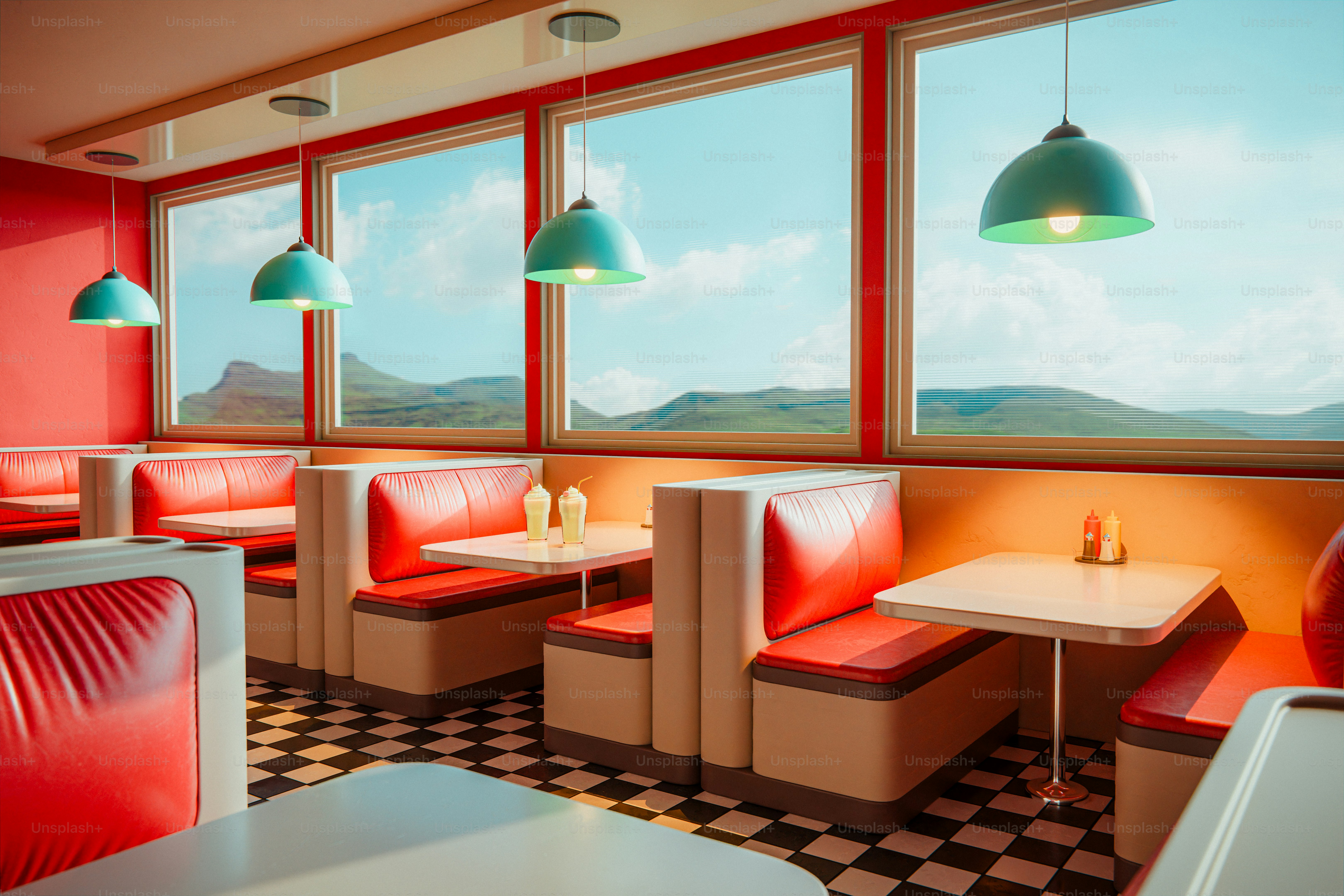 Retro diner booths with a scenic mountain view. photo – Wallpaper Image ...