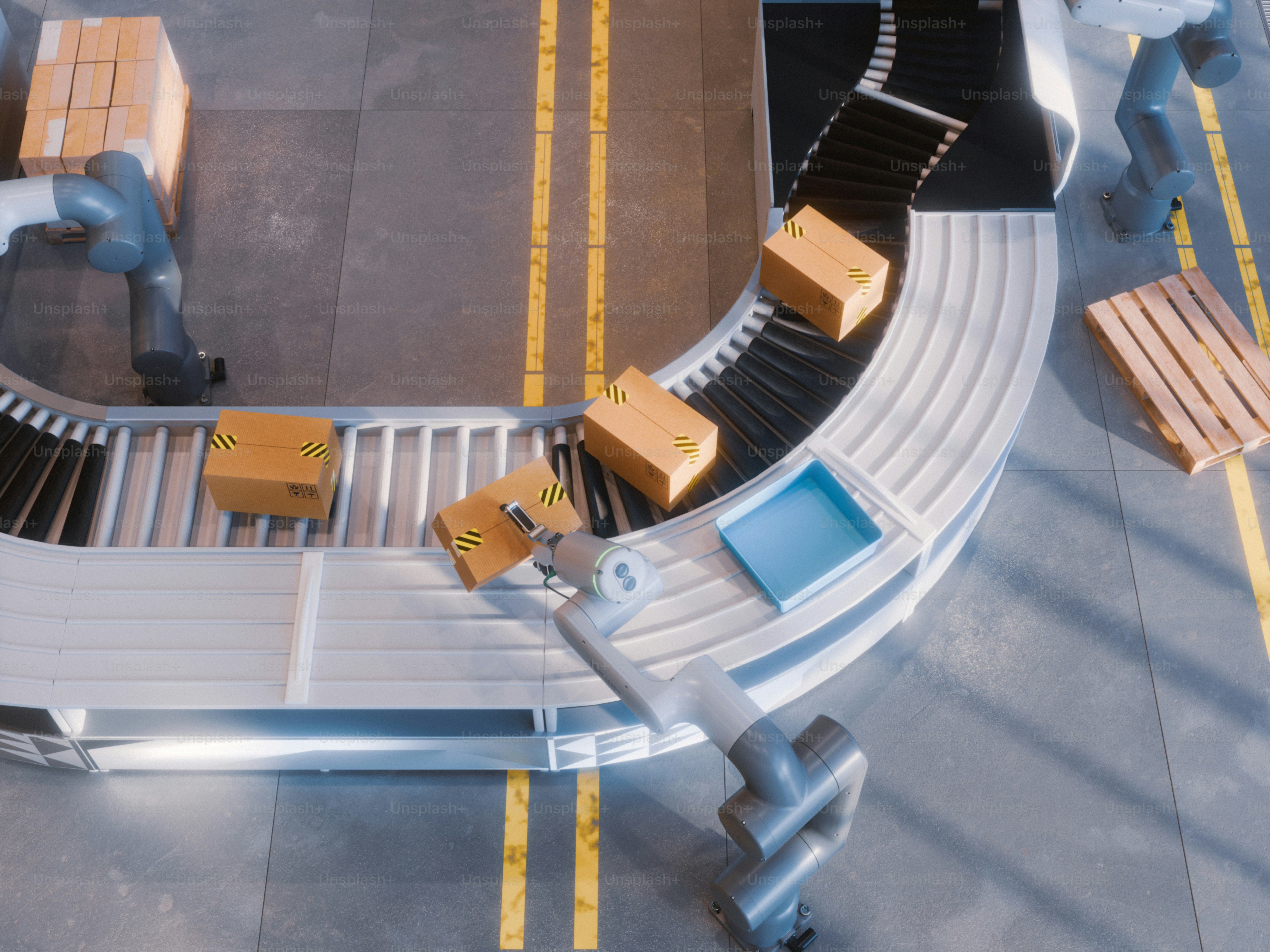 Robotic arms and conveyor belts move boxes. photo – Factory Image on ...