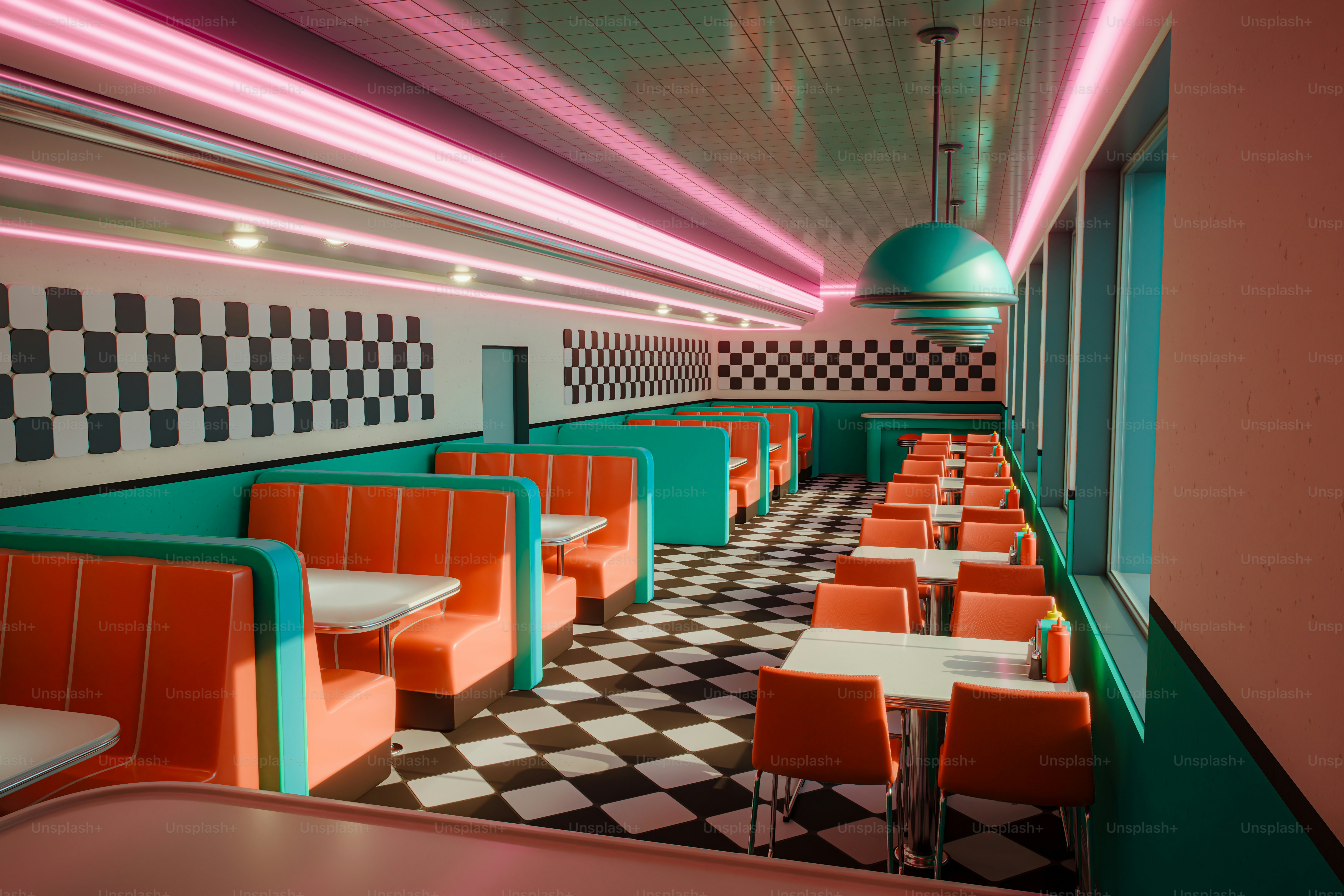 An empty, retro diner with teal and orange booths. photo – Wallpaper ...