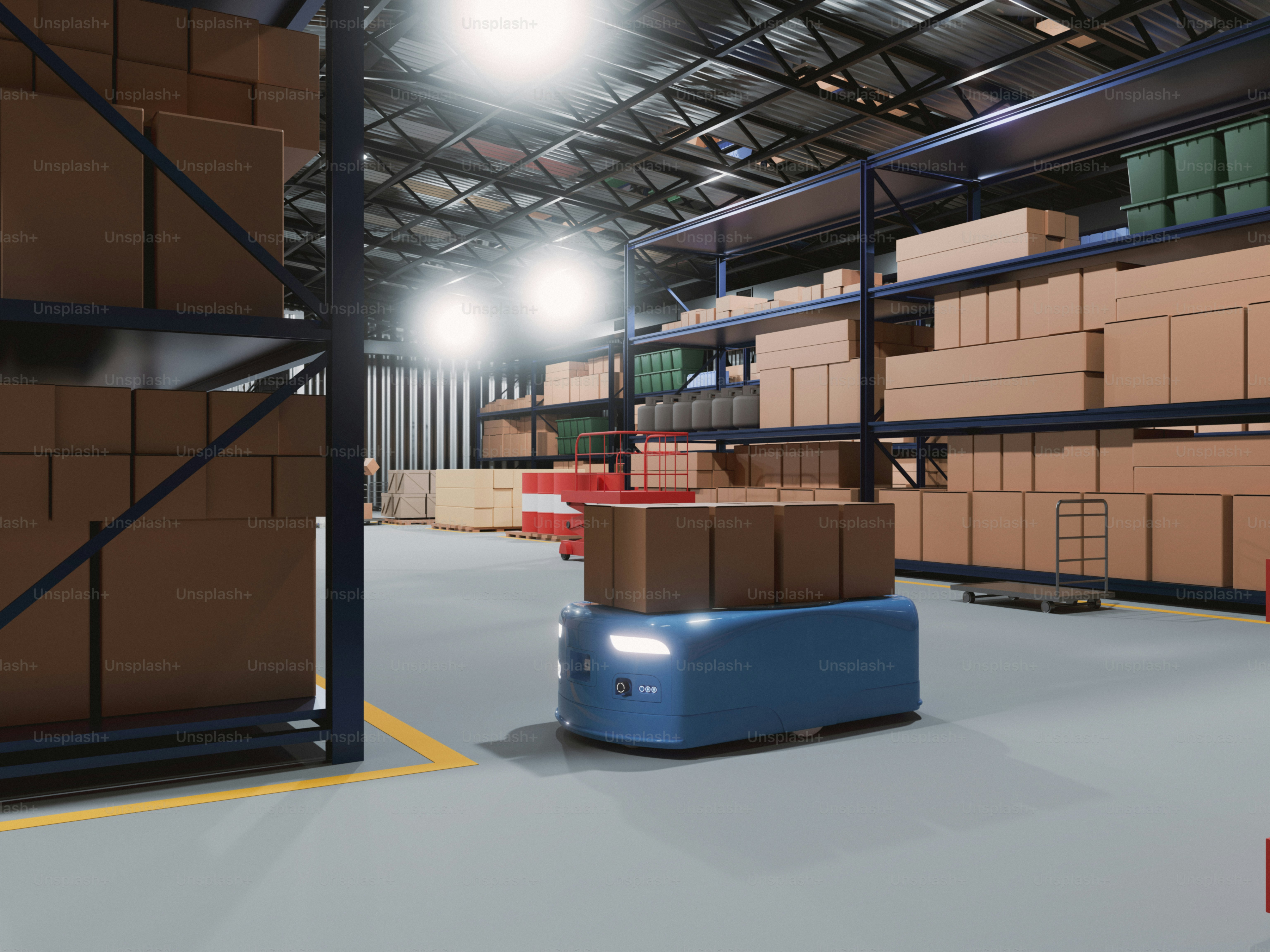 An automated guided vehicle (agv) moves items in a warehouse. photo ...