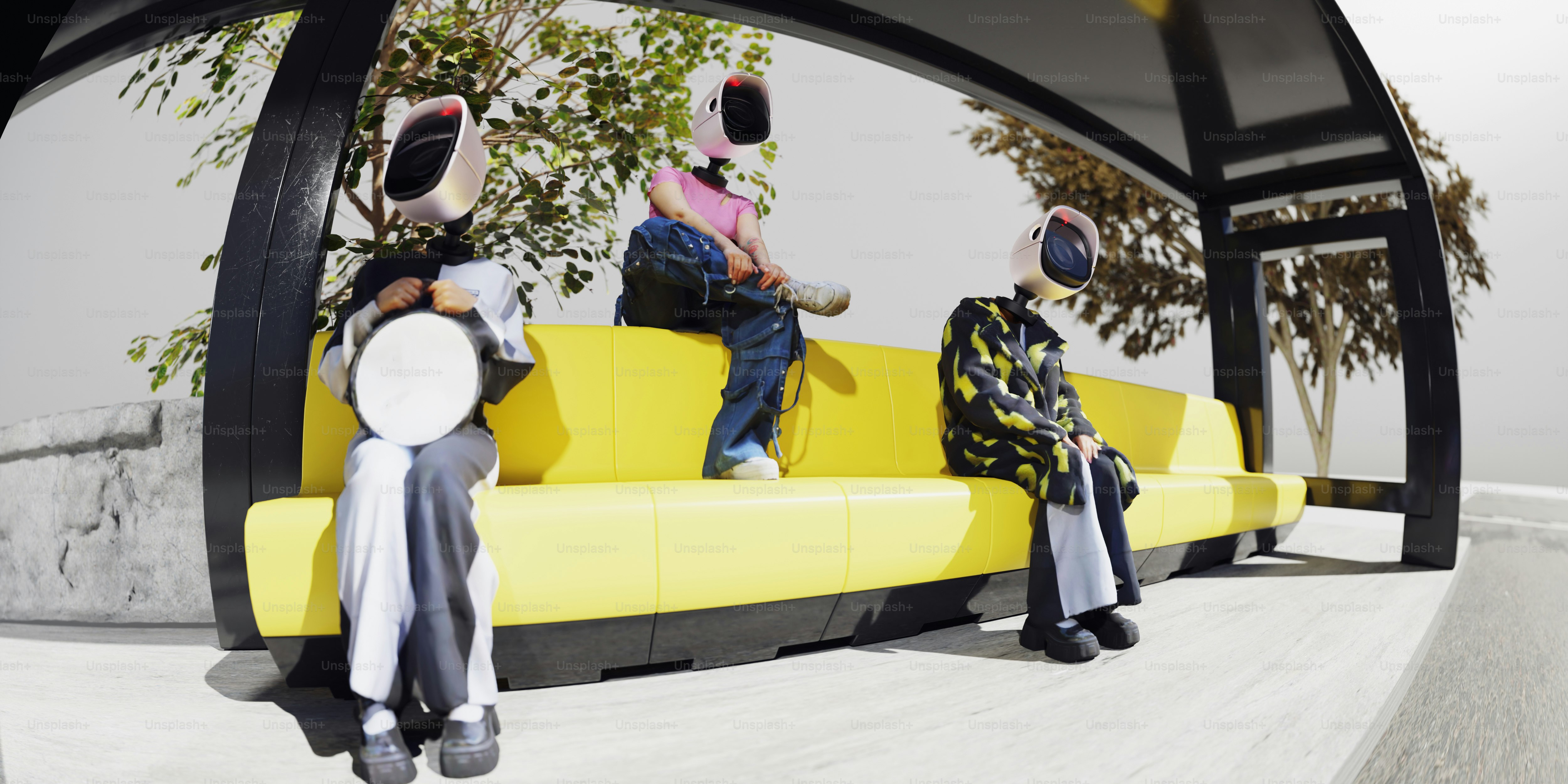 People with strange heads wait at a bus stop. photo – Security Image on ...