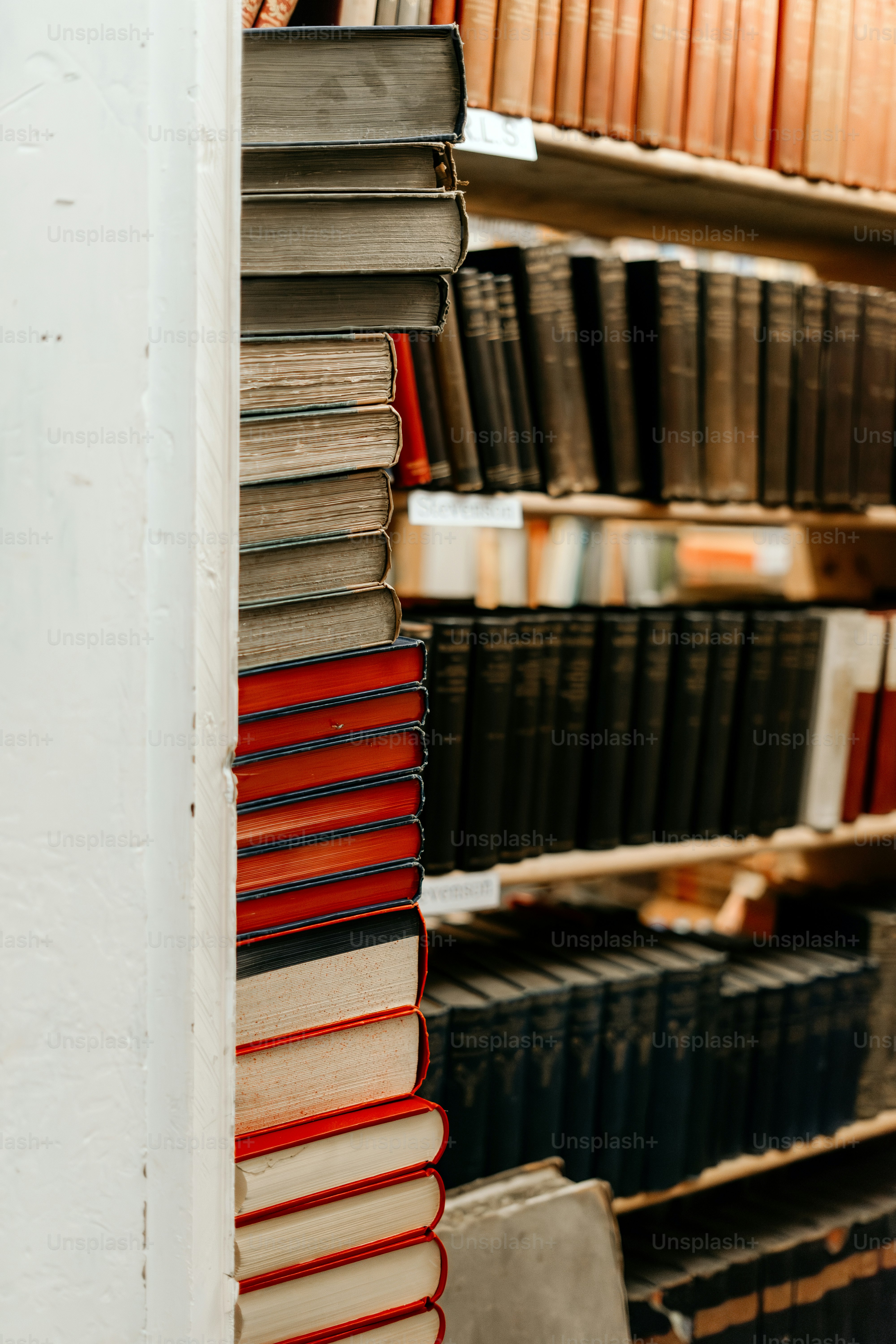 Books stacked neatly on shelves in a library. photo – Books Image on ...