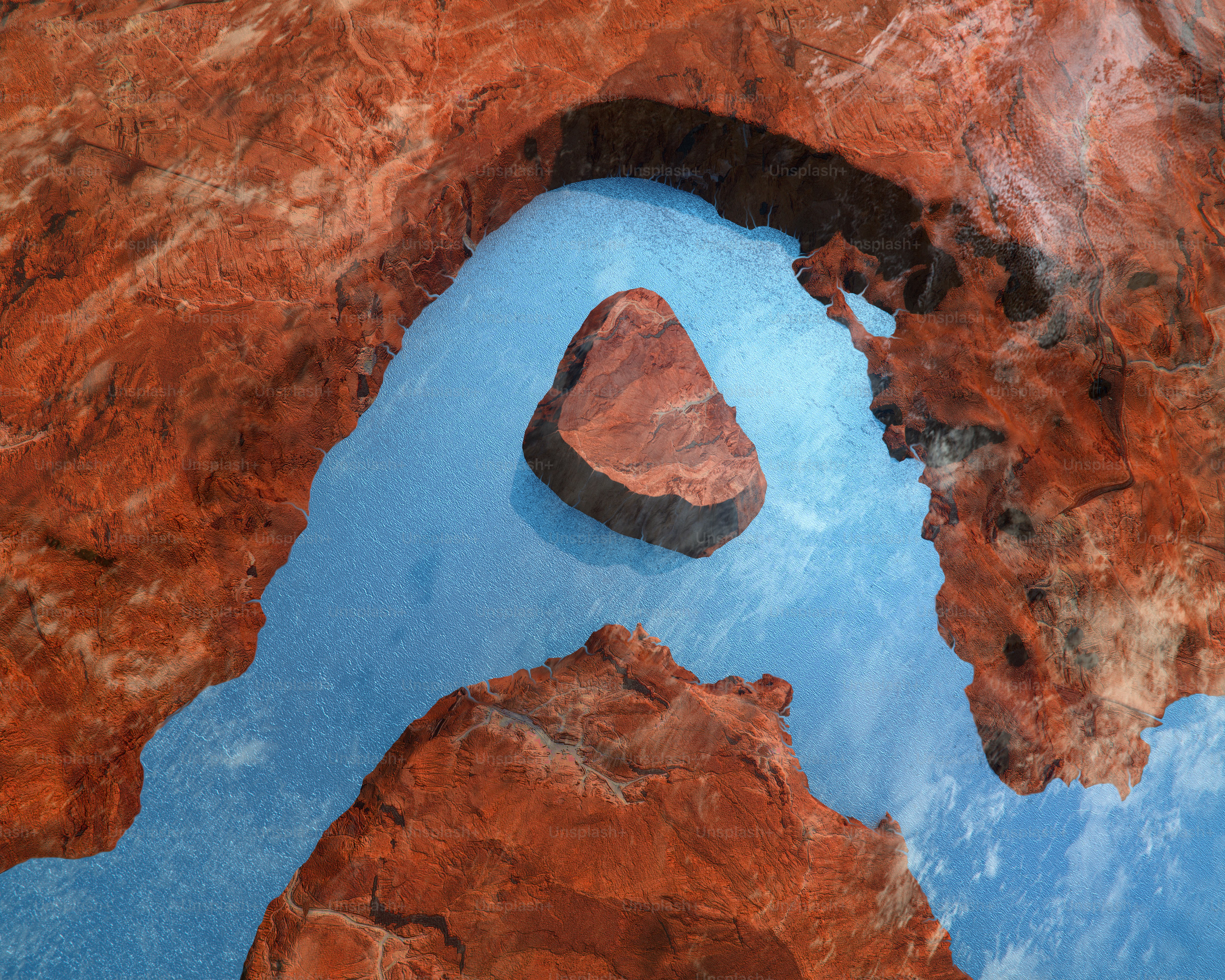 Red rock formations surround a pool of water. photo – 3d render Image on Unsplash