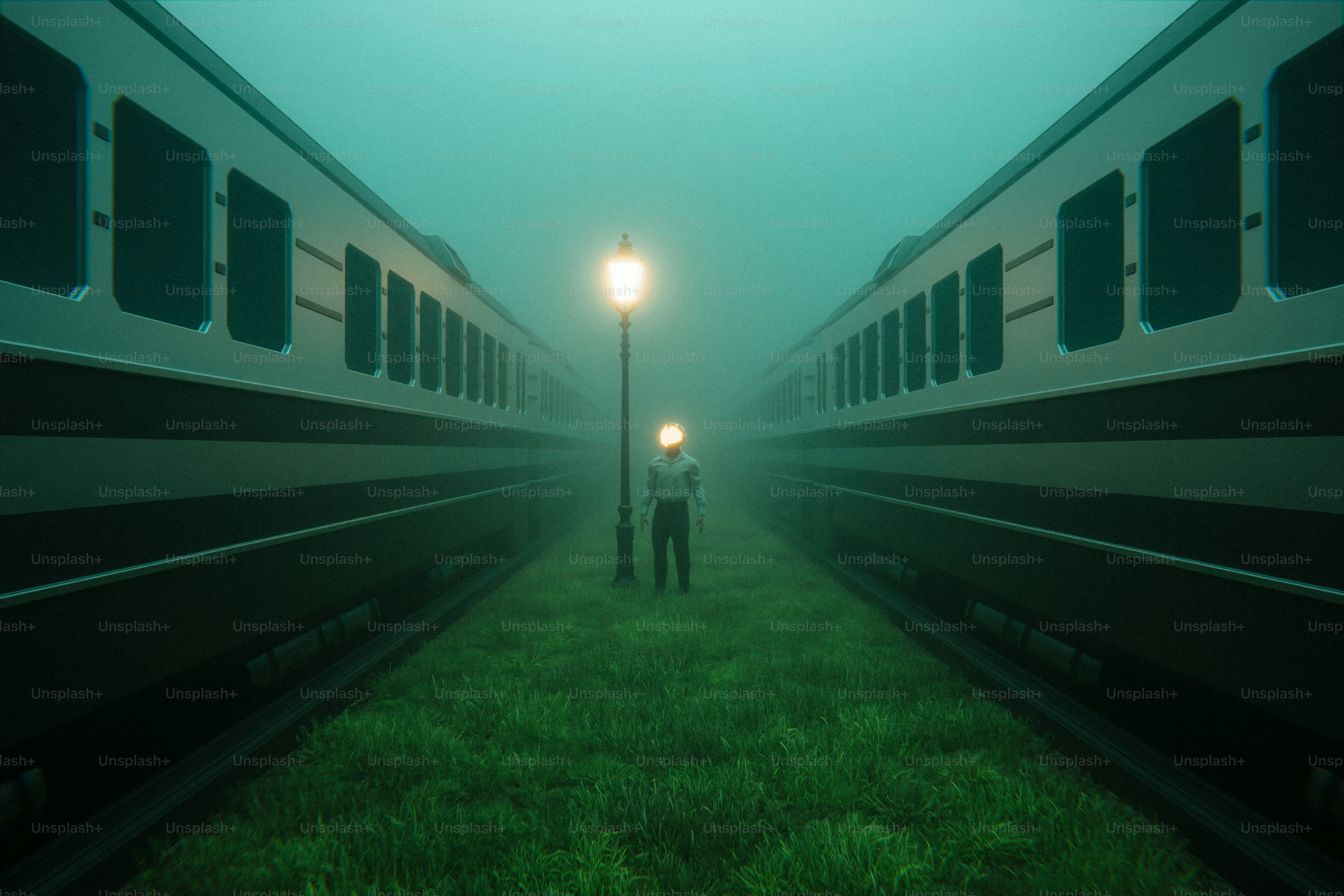 A man stands between train cars in fog. photo – Wallpaper Image on Unsplash