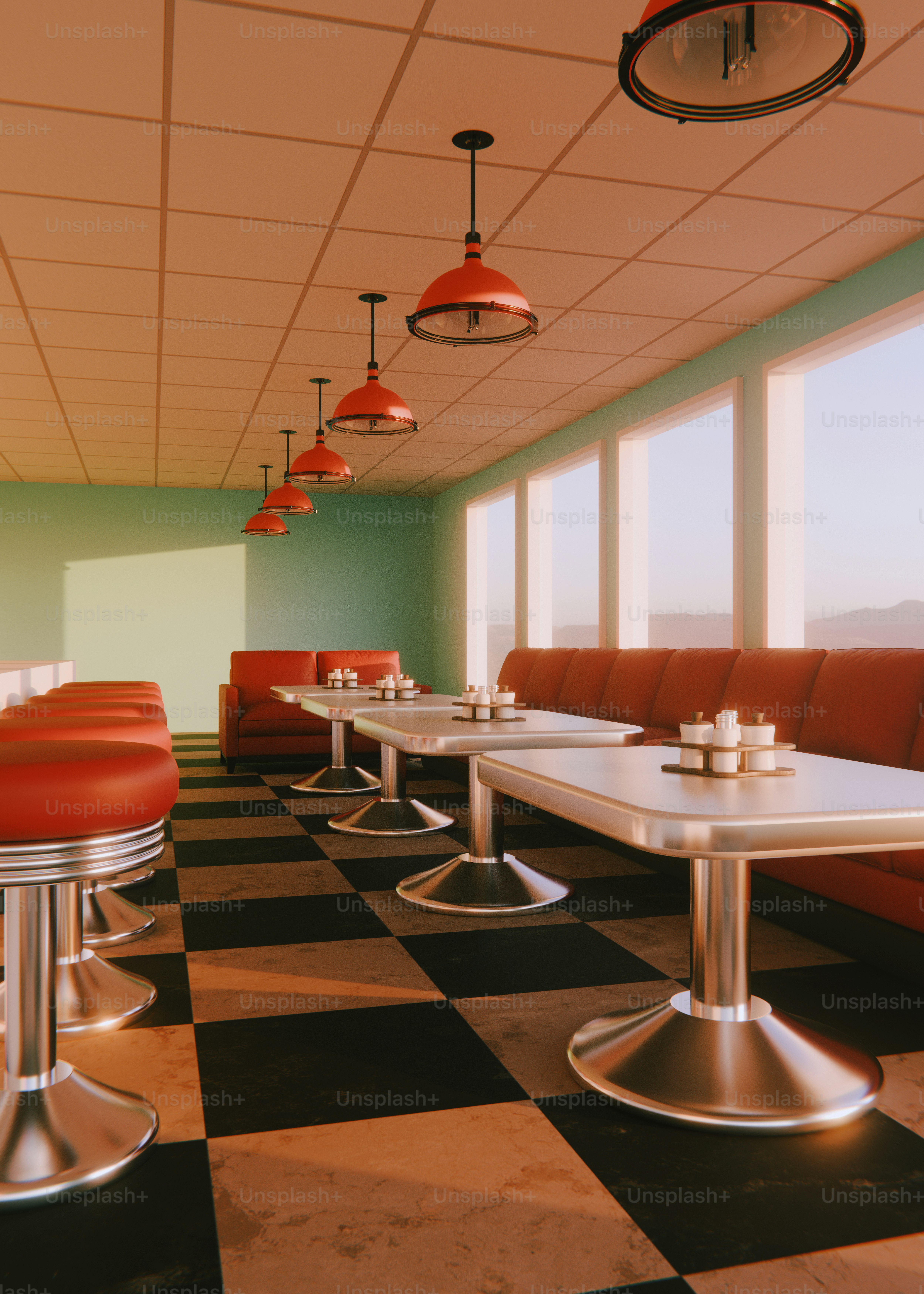 Retro diner interior with red and chrome accents. photo – Restaurant ...