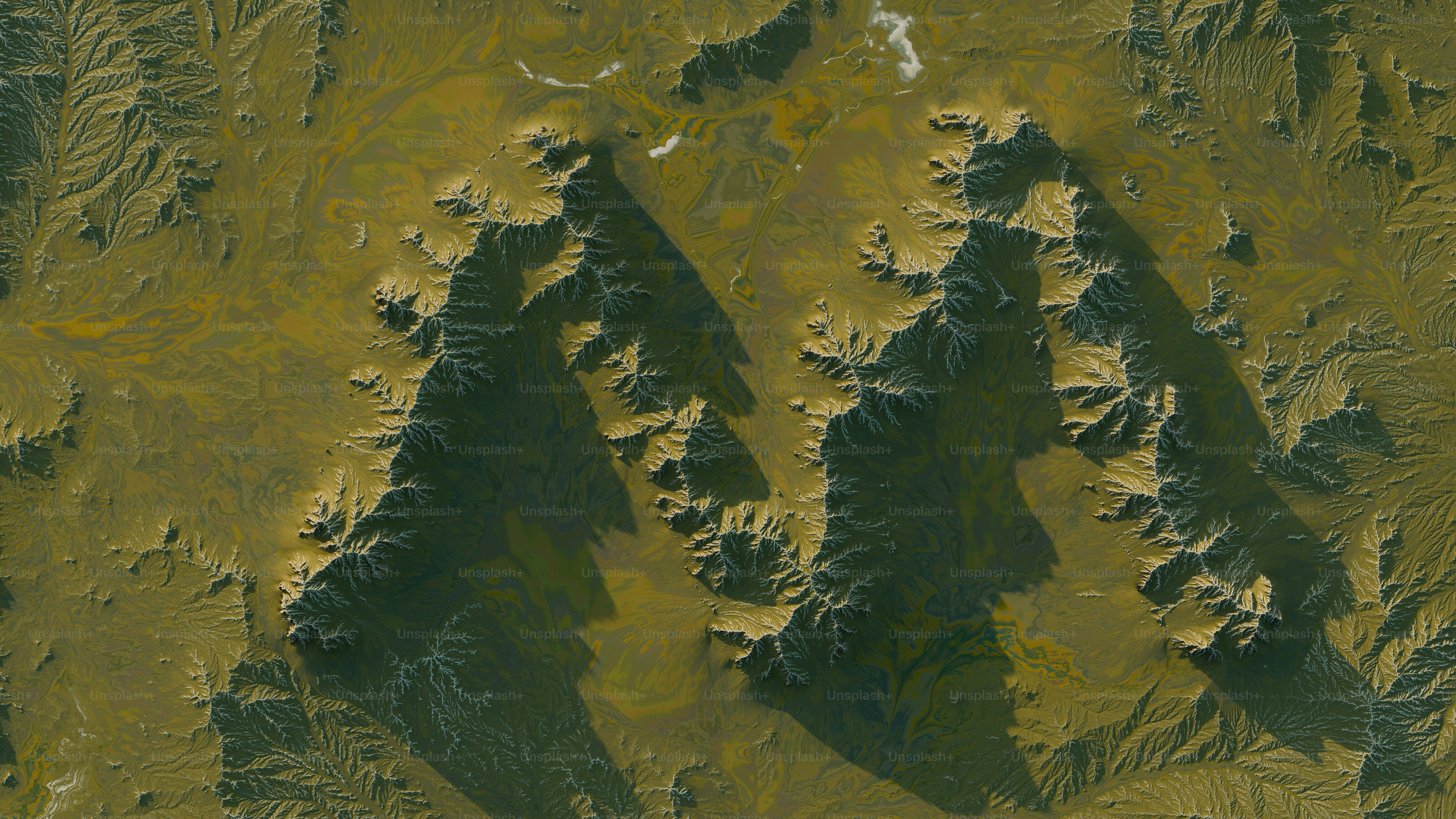 Aerial view of rugged, mountainous terrain. photo – 3d render Image on ...