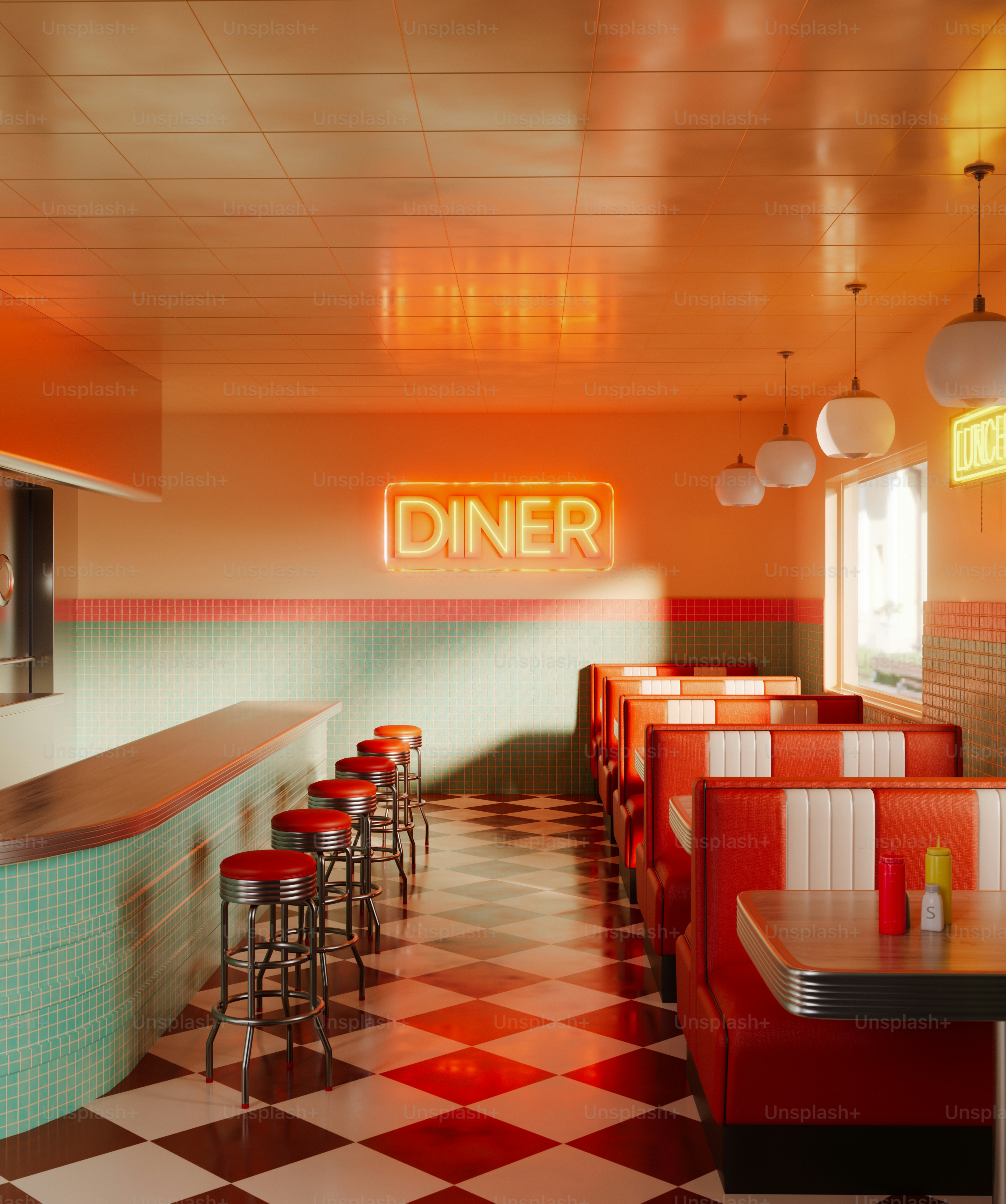 A classic diner interior glows in warm lighting. photo – Restaurant ...