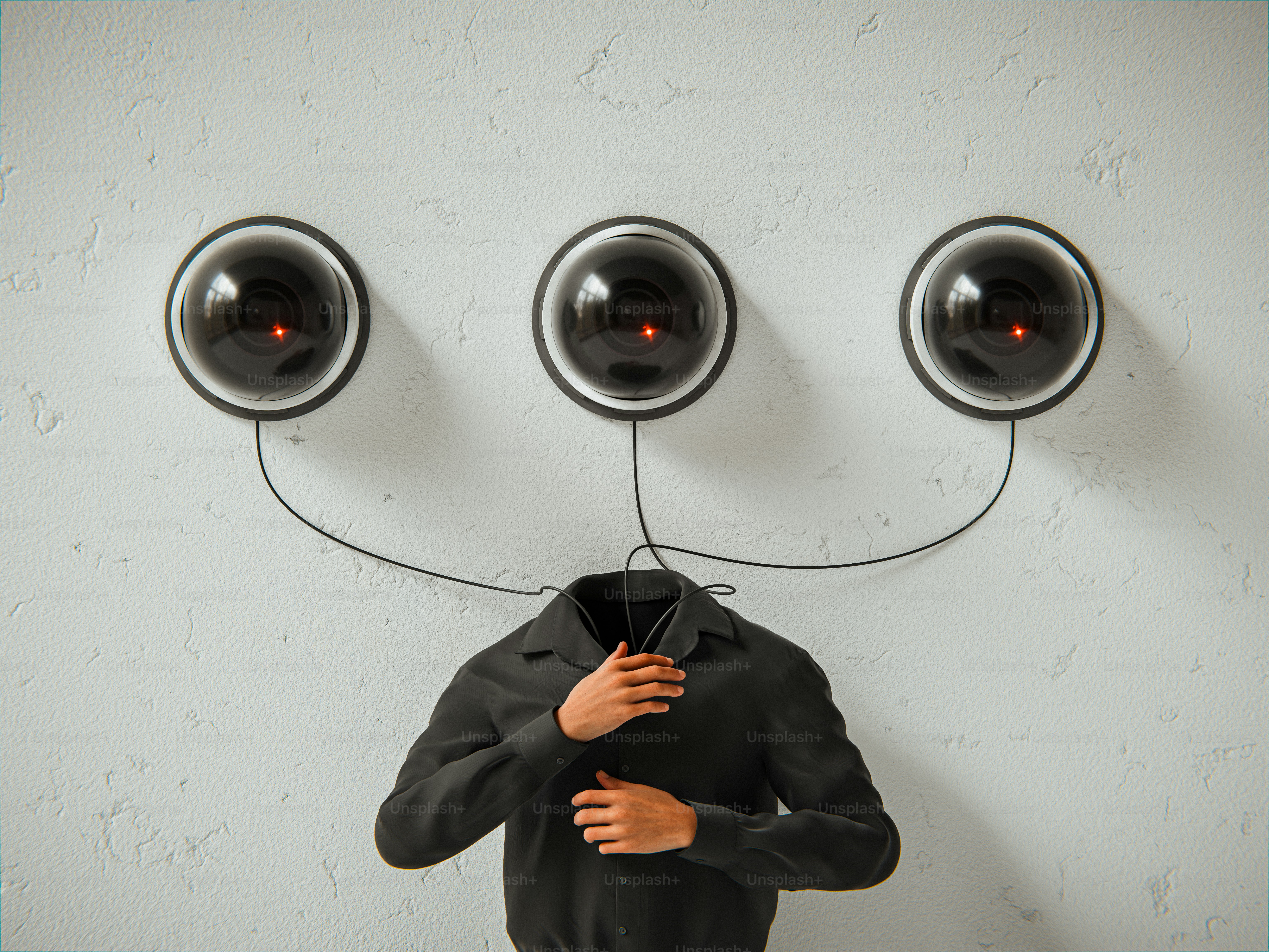Three surveillance cameras replace the person's head. photo – Abstract ...