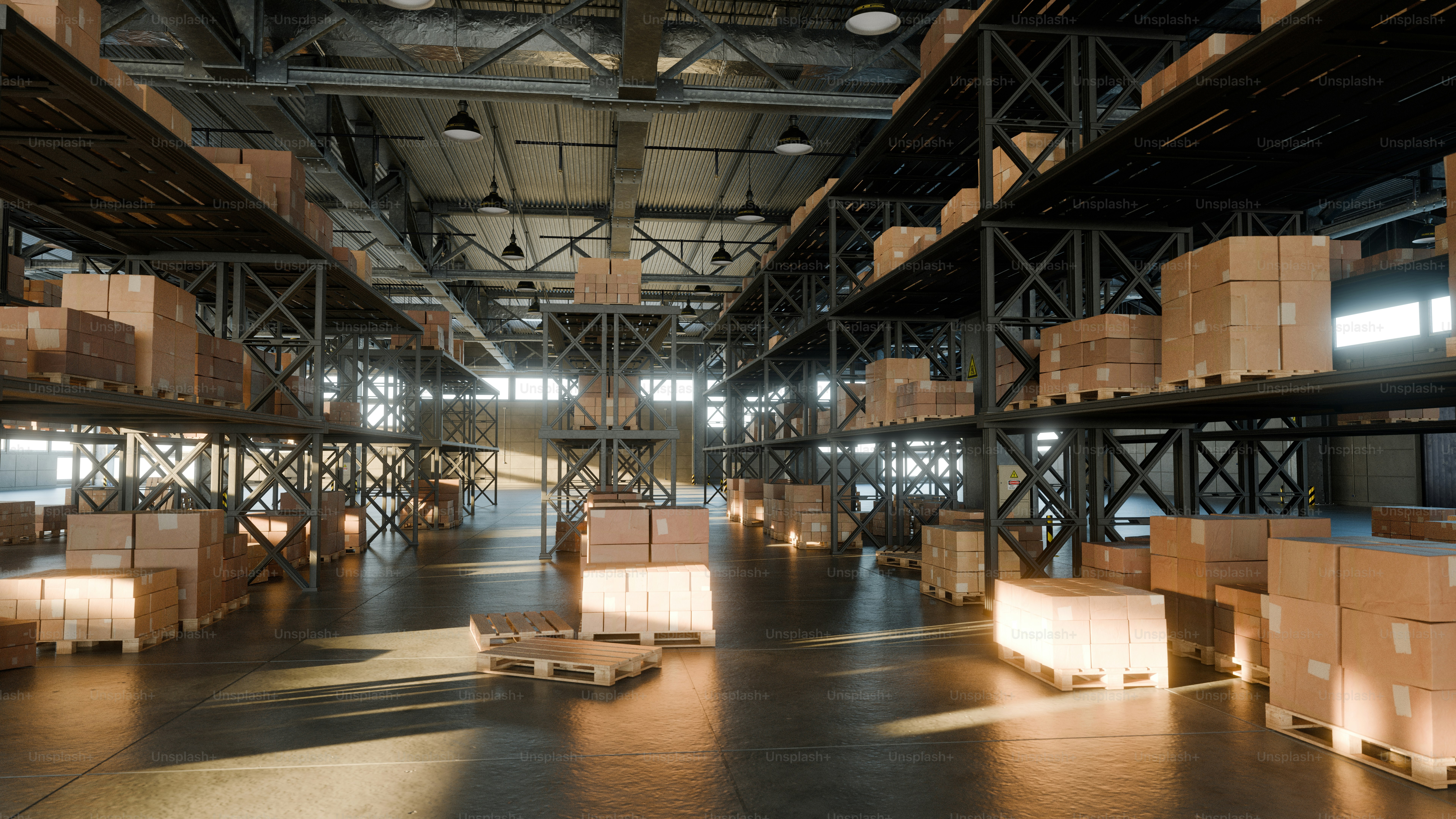 Boxes fill the shelves of a large warehouse. photo – Logistics Image on ...
