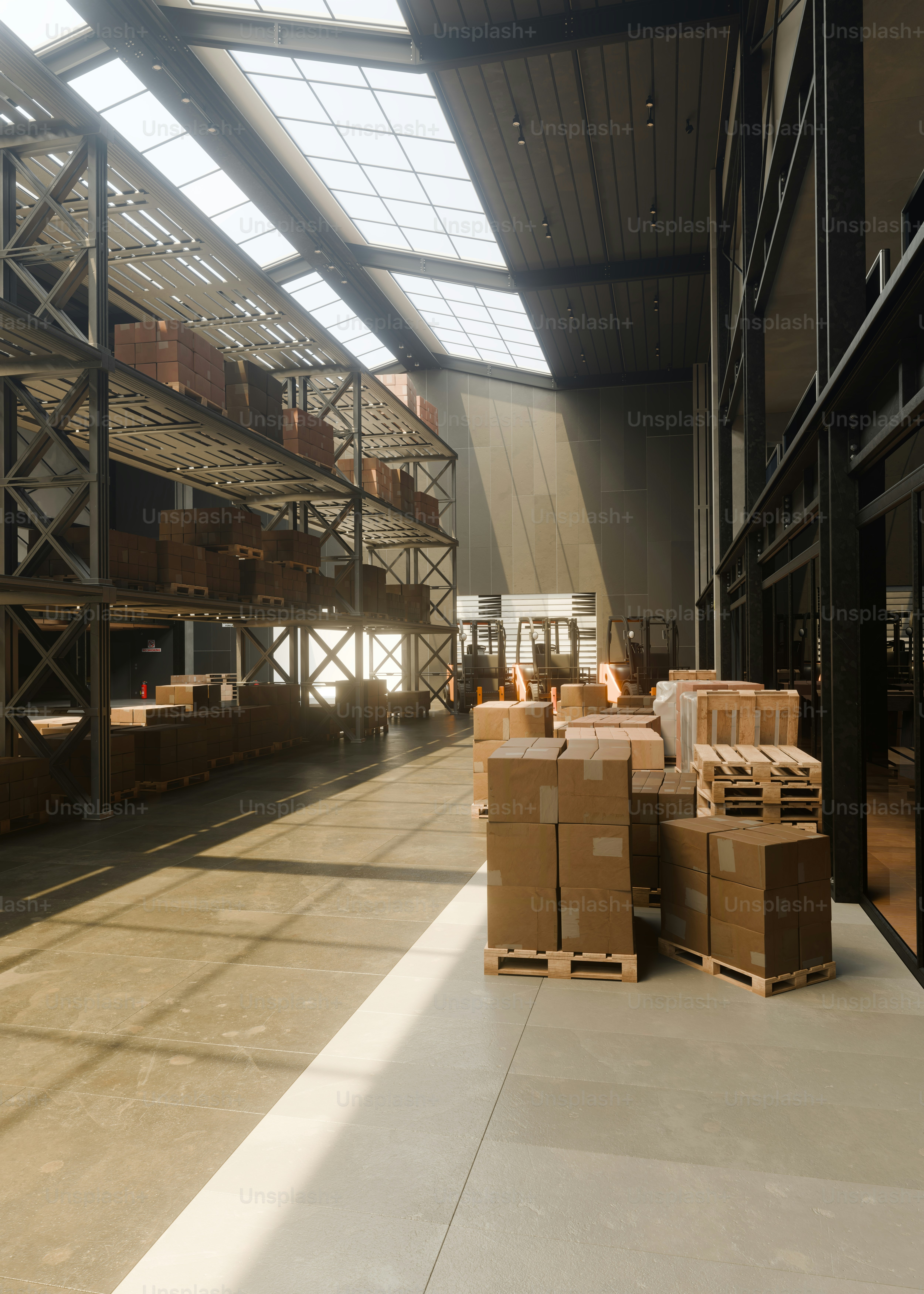 Boxes are stored inside a bright warehouse. photo – Logistics Image on ...