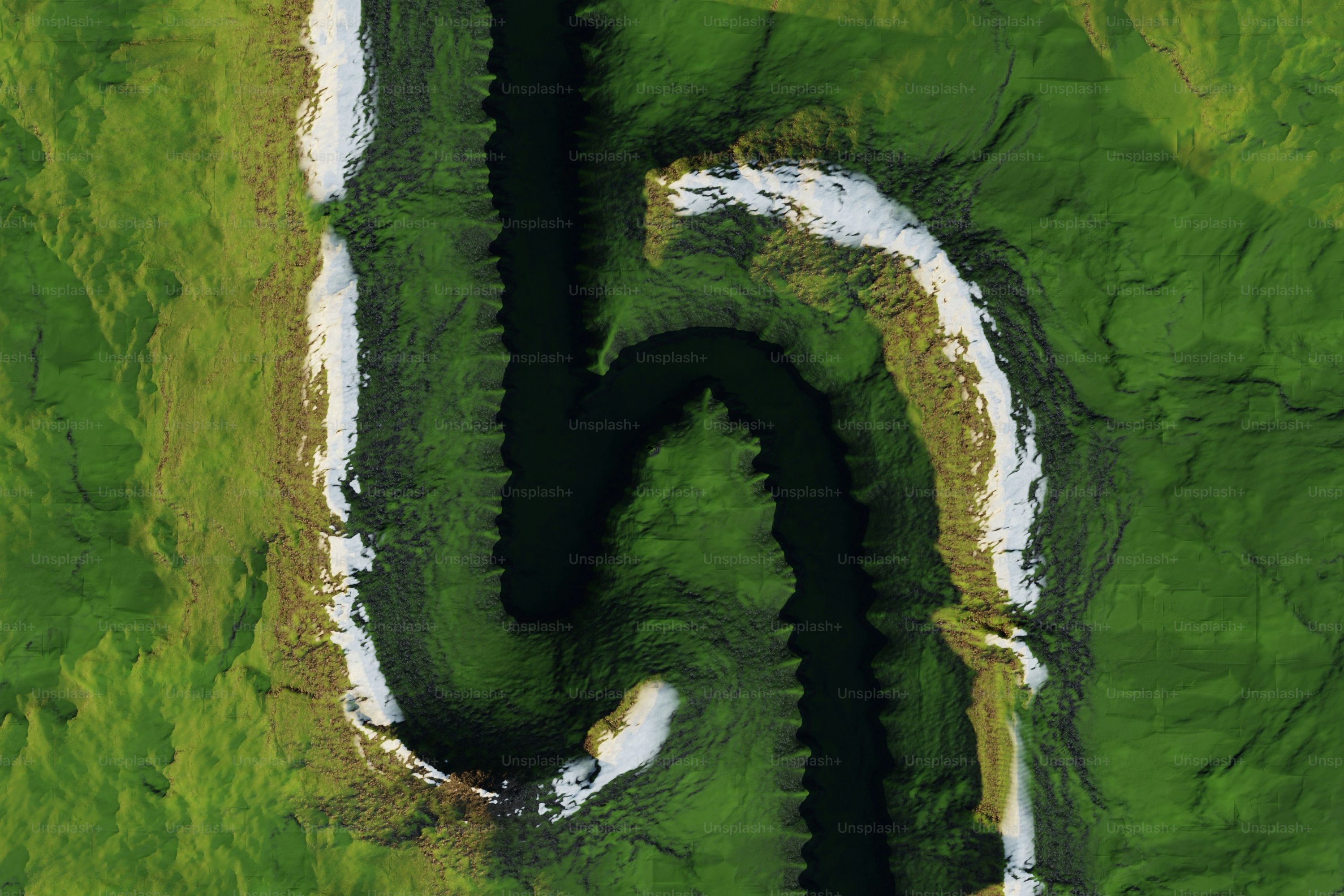 Un río sinuoso fluye a través de un terreno verde. foto – Imagen de ...