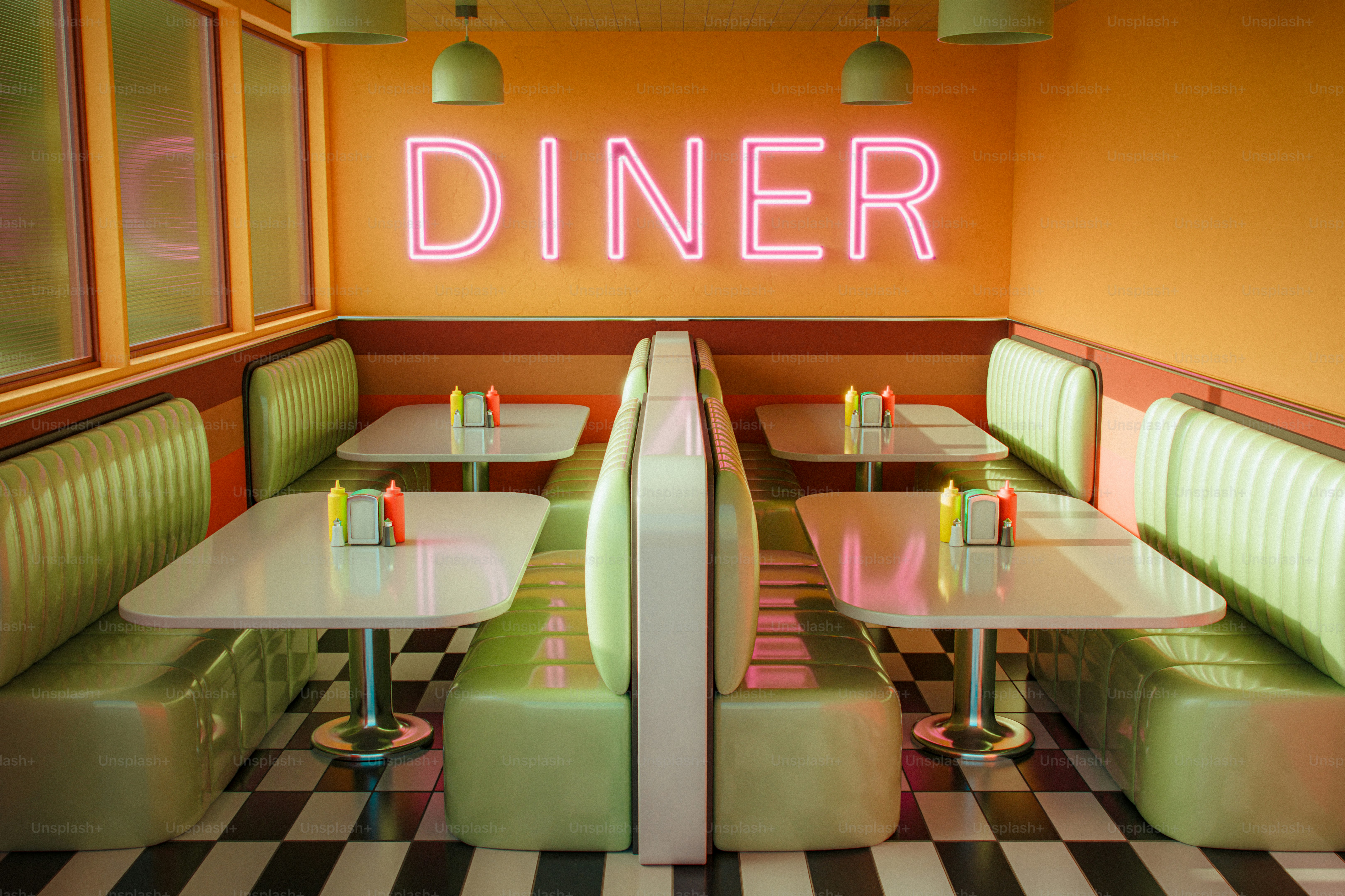 A classic diner interior with booths and tables. photo – Wallpaper ...