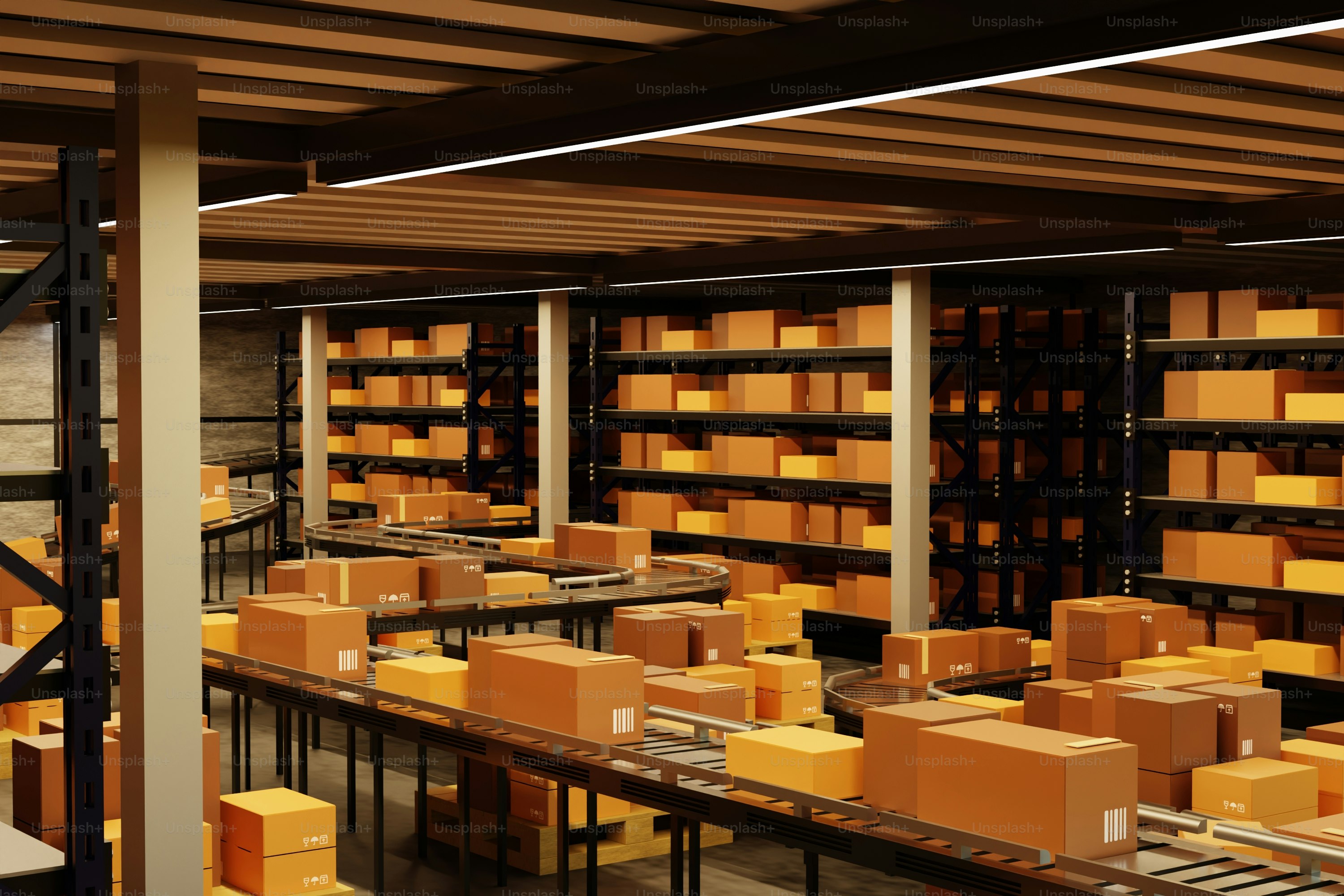 Boxes are stored in a large, organized warehouse. photo – Logistics ...