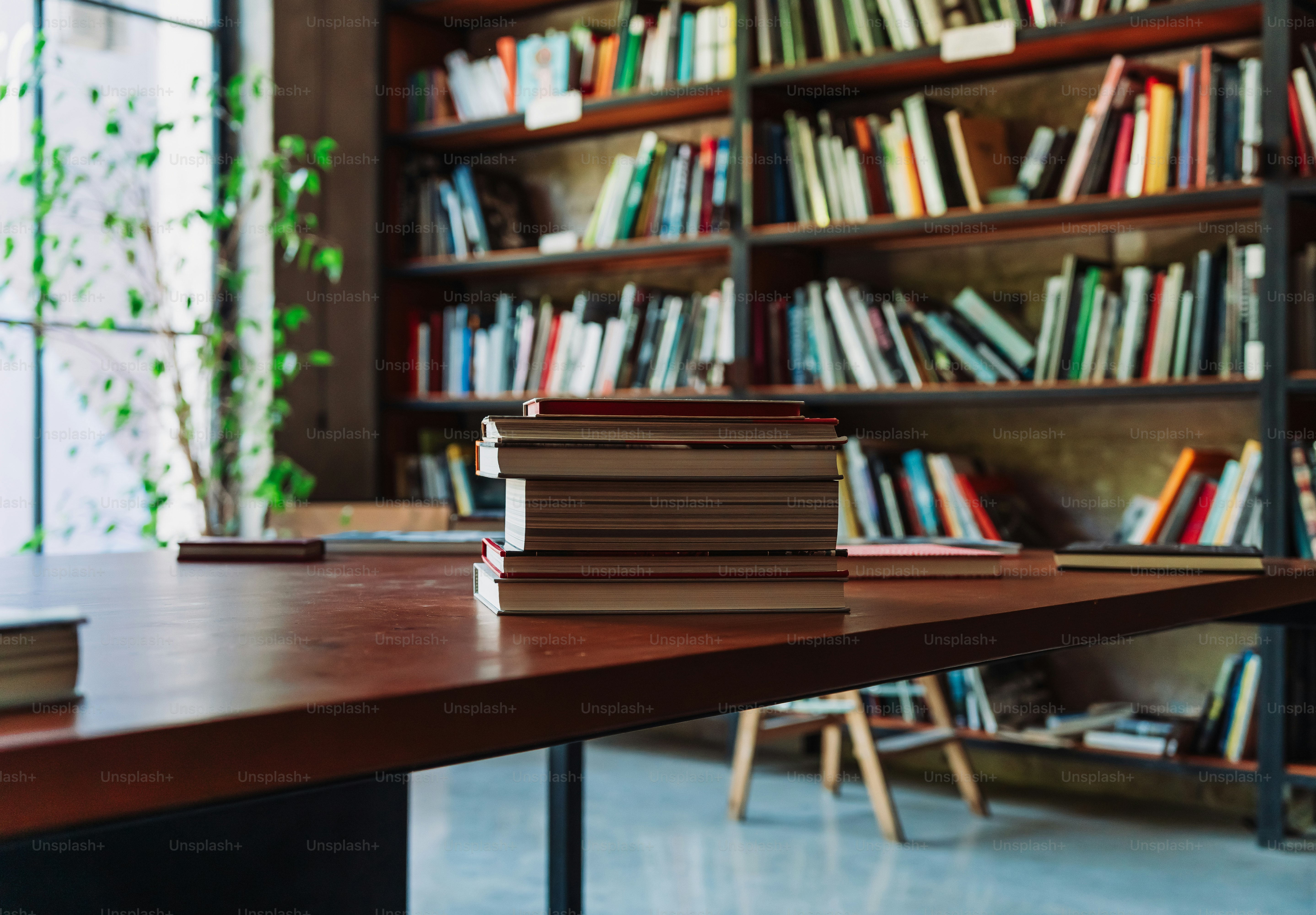 Books stacked on a table with a library backdrop. photo – Books Image ...