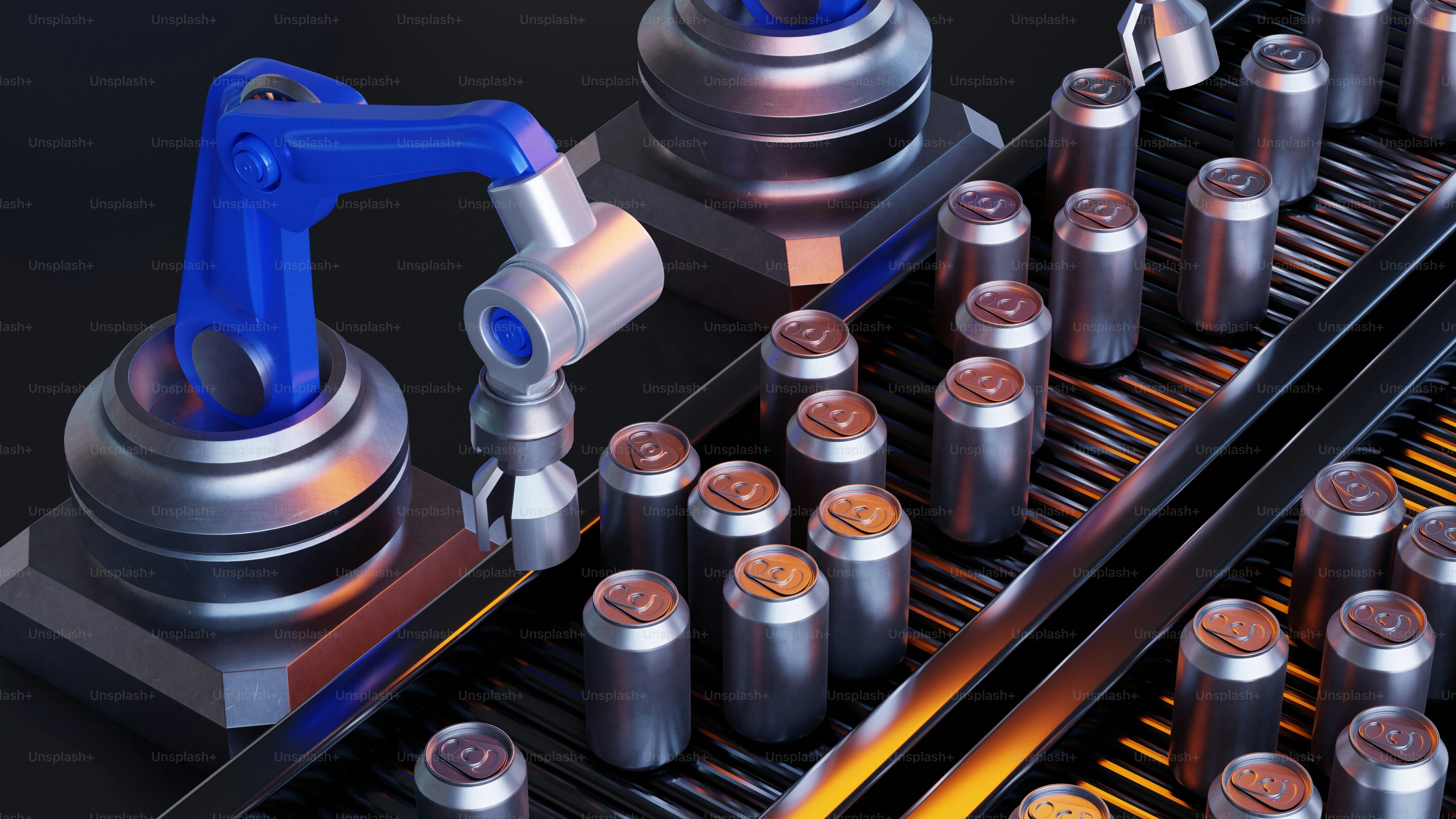 Robotic arm placing cans on an assembly line. photo – Factory Image on ...