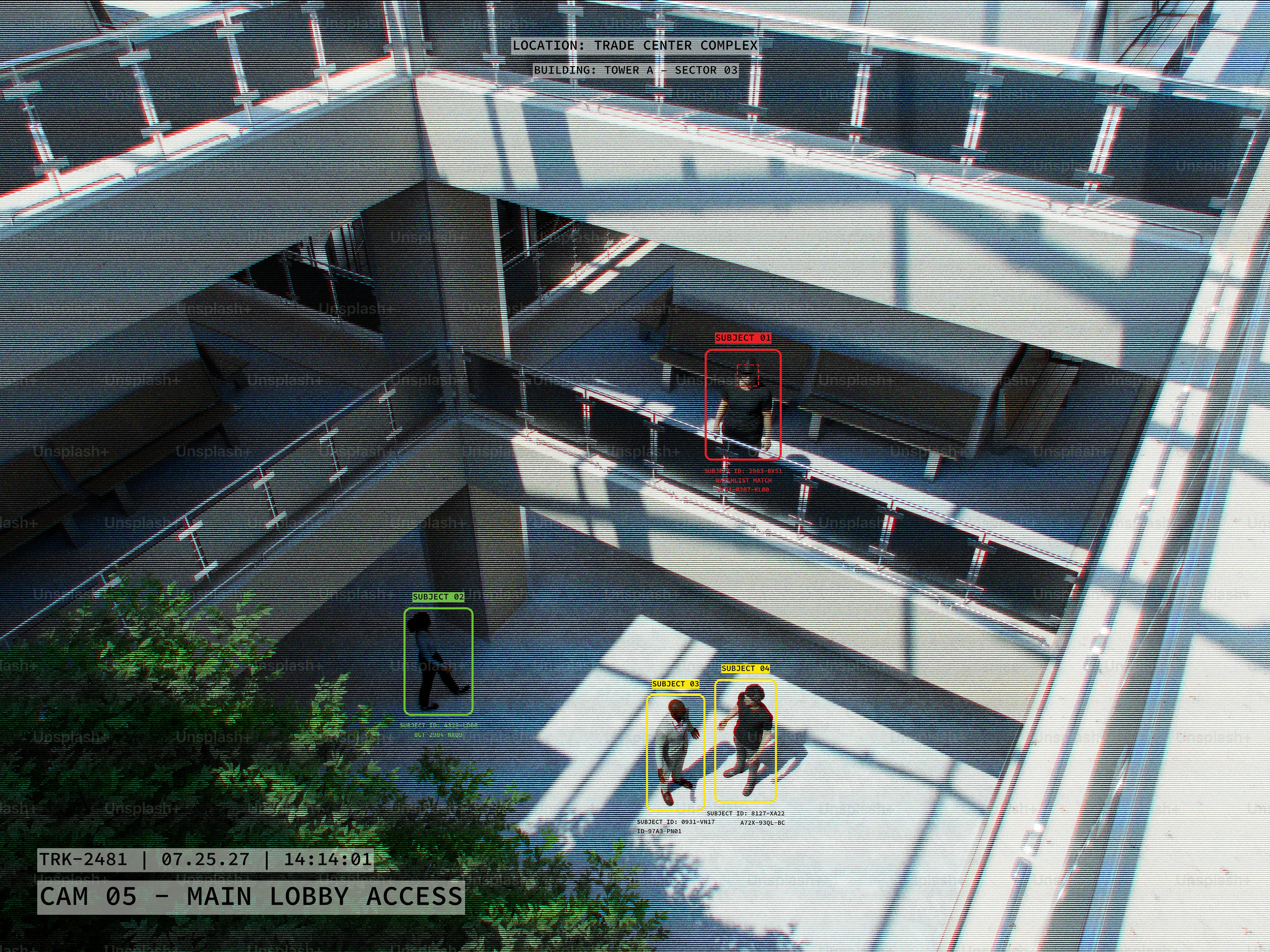A surveillance camera shows multiple people in a lobby. photo ...