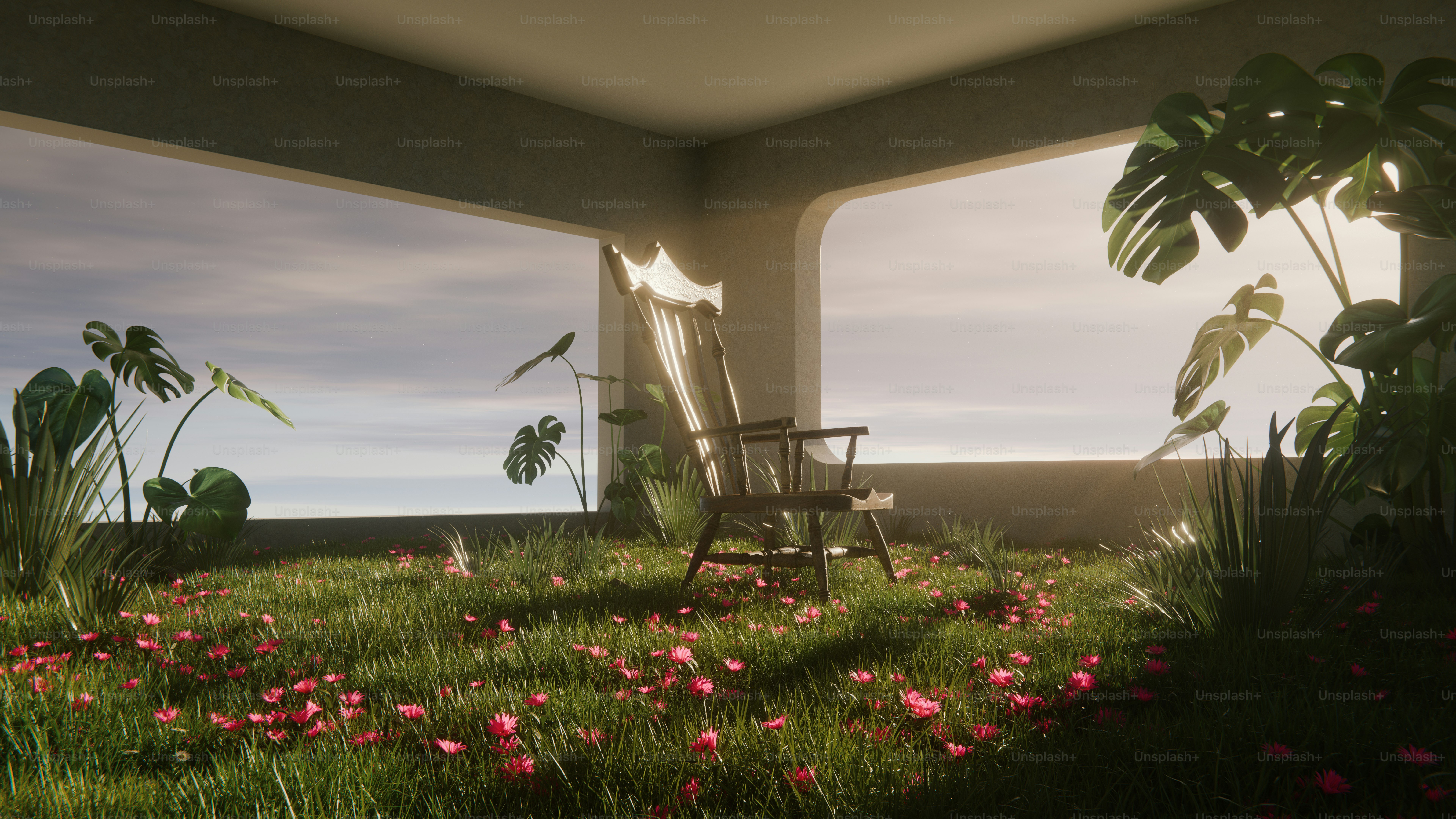 A chair sits in a field overlooking the sea. photo – Grass Image on ...