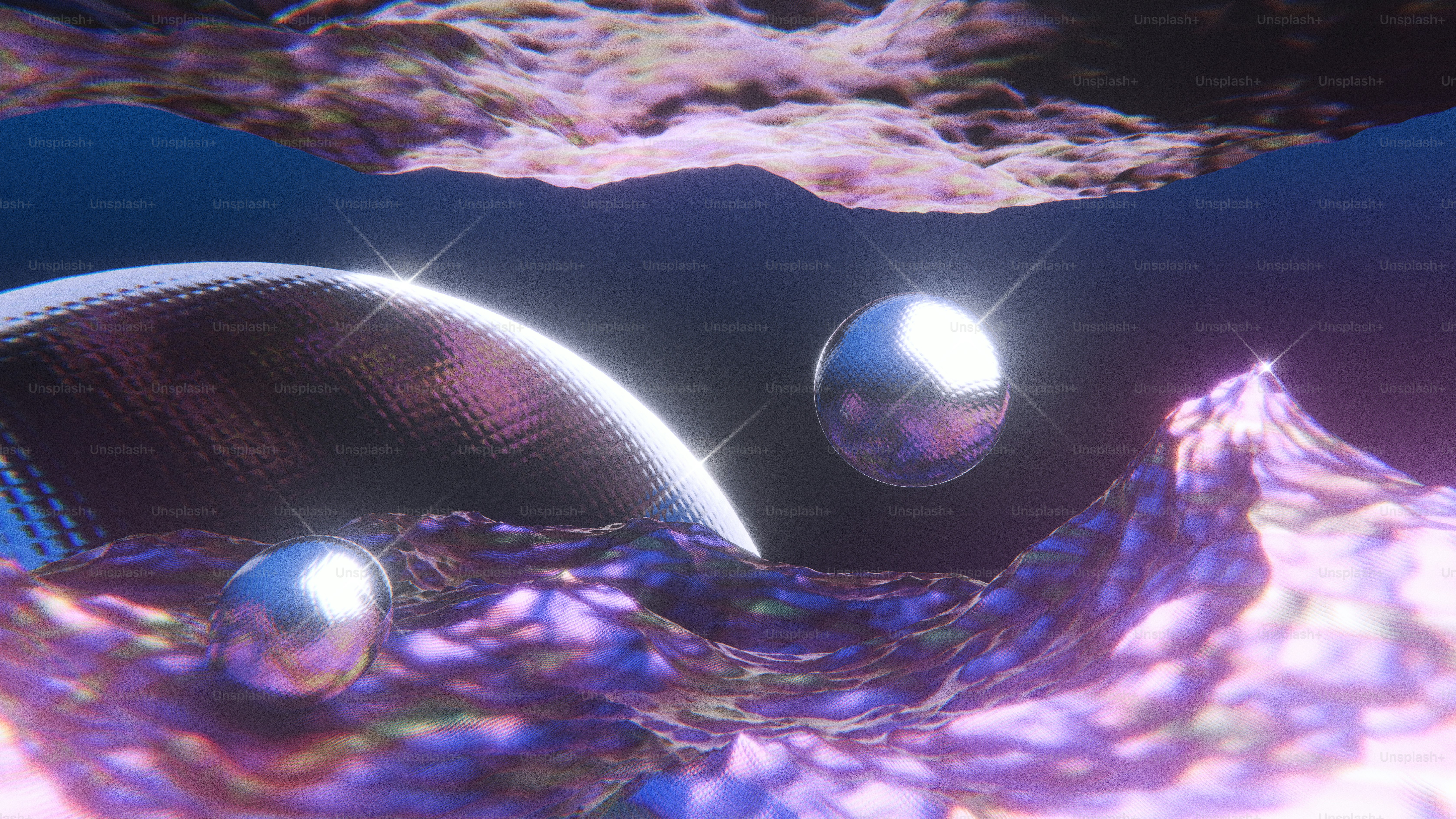 Shiny spheres float over an abstract landscape. photo – Wallpaper Image ...